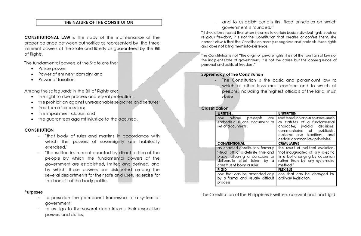 Constitutional Law (LAW 101): Key Concepts and Principles Review - Studocu