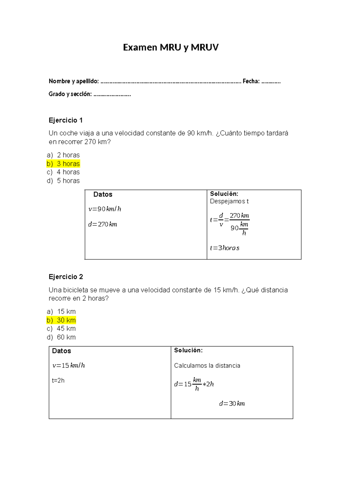 Examen de MRU y MRUV - PRACTICA (Ejercicios y Soluciones) - Studocu