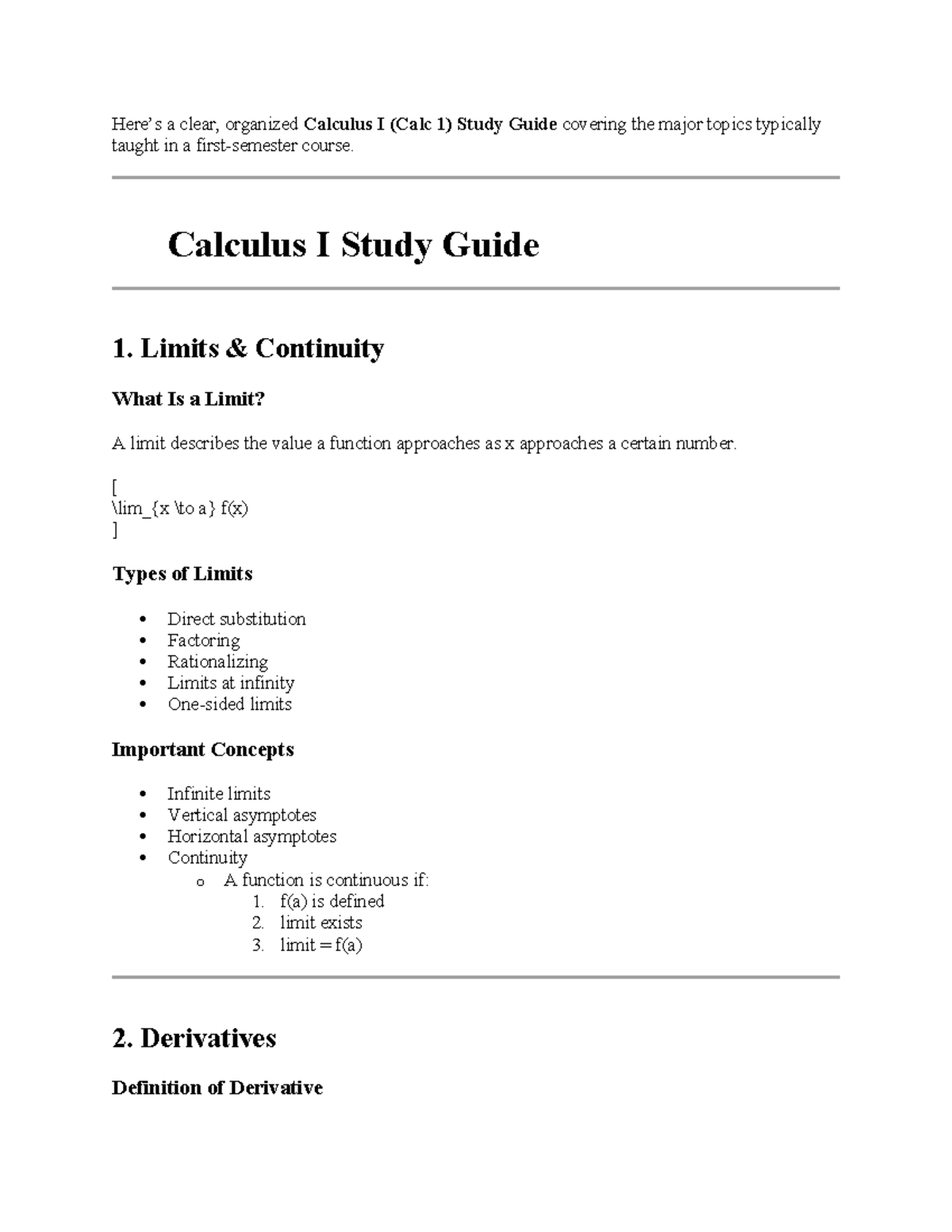 Calculus I (Calc 1) Comprehensive Study Guide for Key Topics - Studocu