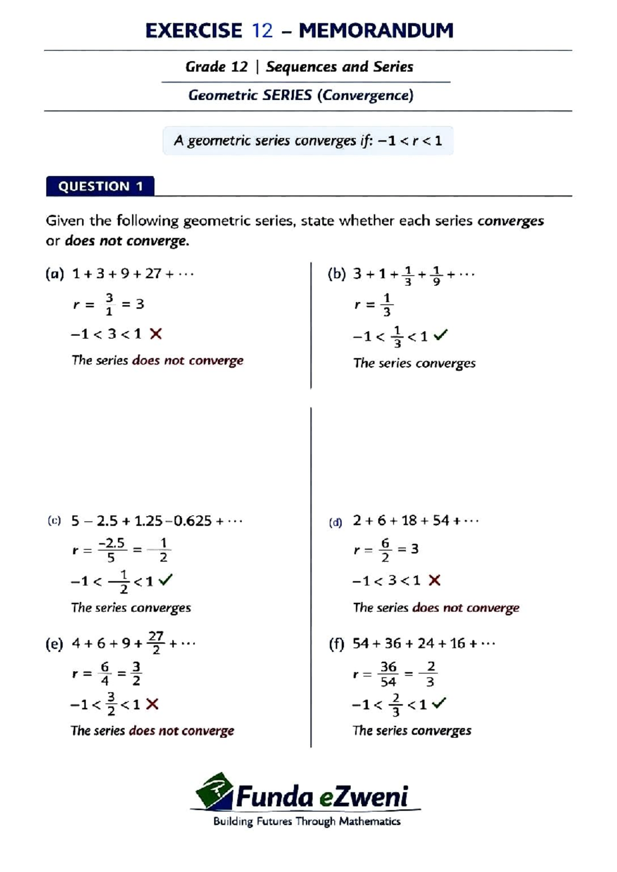 Grade 12 Exercise 12: Geometric Series Convergence Solutions - Studocu
