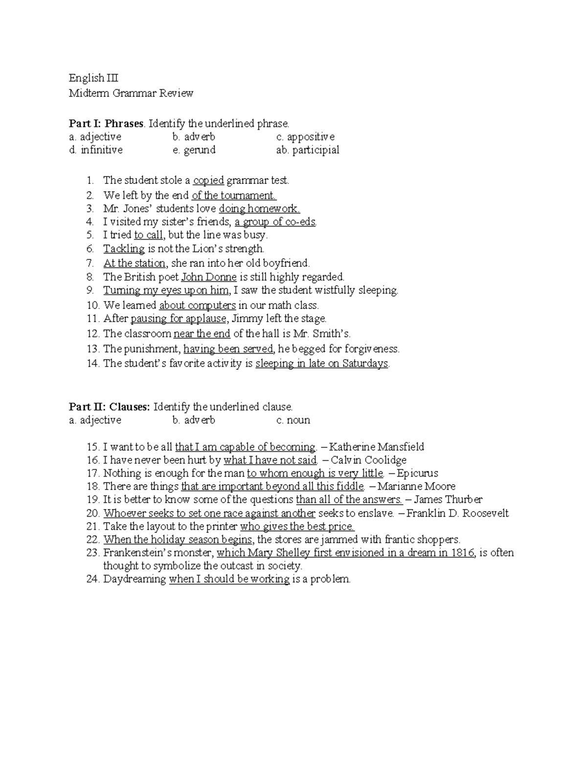 English III Midterm Review: Grammar Phrases & Clauses Guide - Studocu