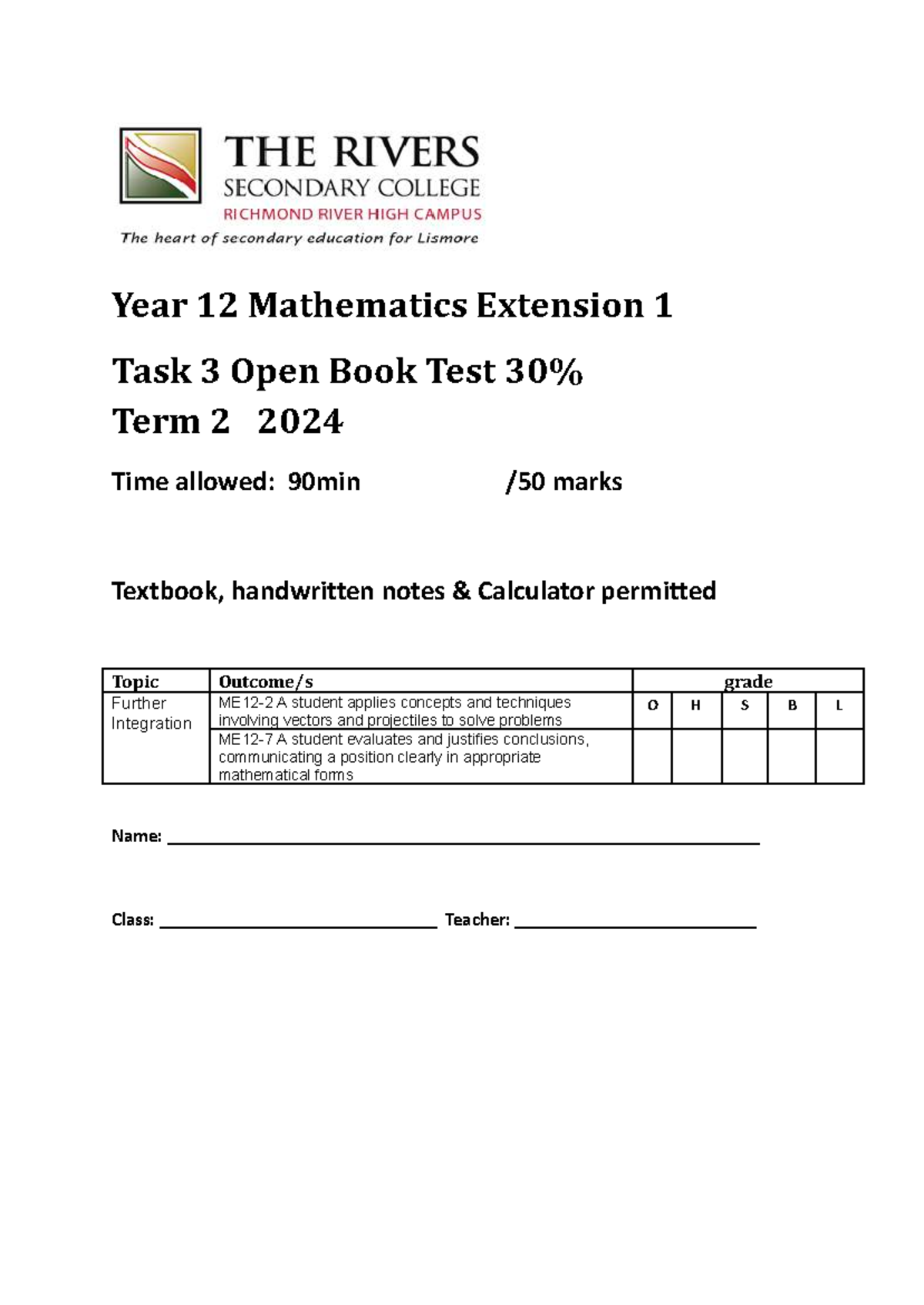 Year 12 Mathematics Extension 1 Task 3 Open Book Test on Vectors - Studocu