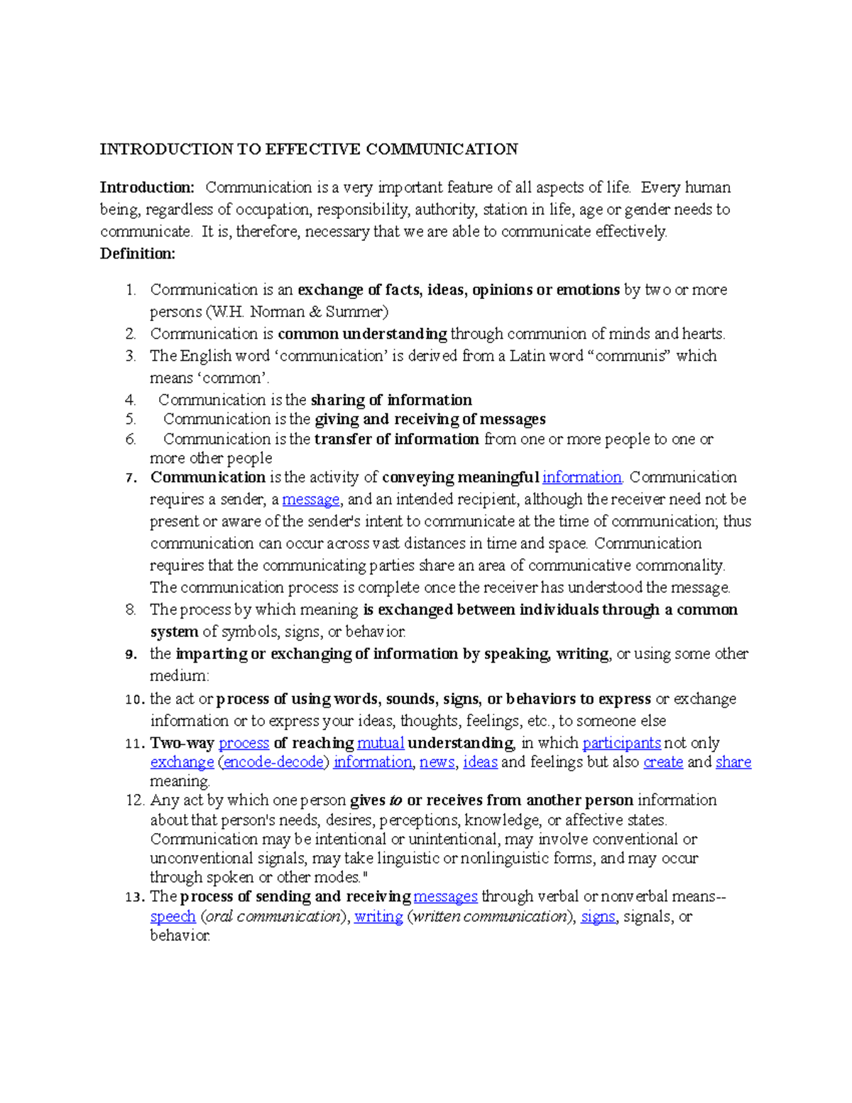 Effective Communication Notes - INTRODUCTION TO EFFECTIVE COMMUNICATION ...