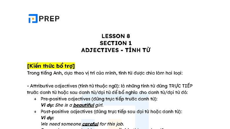 LESSON 8 SECTION 1: ADJECTIVES TÍNH TỪ TRONG TIẾNG ANH - Studocu
