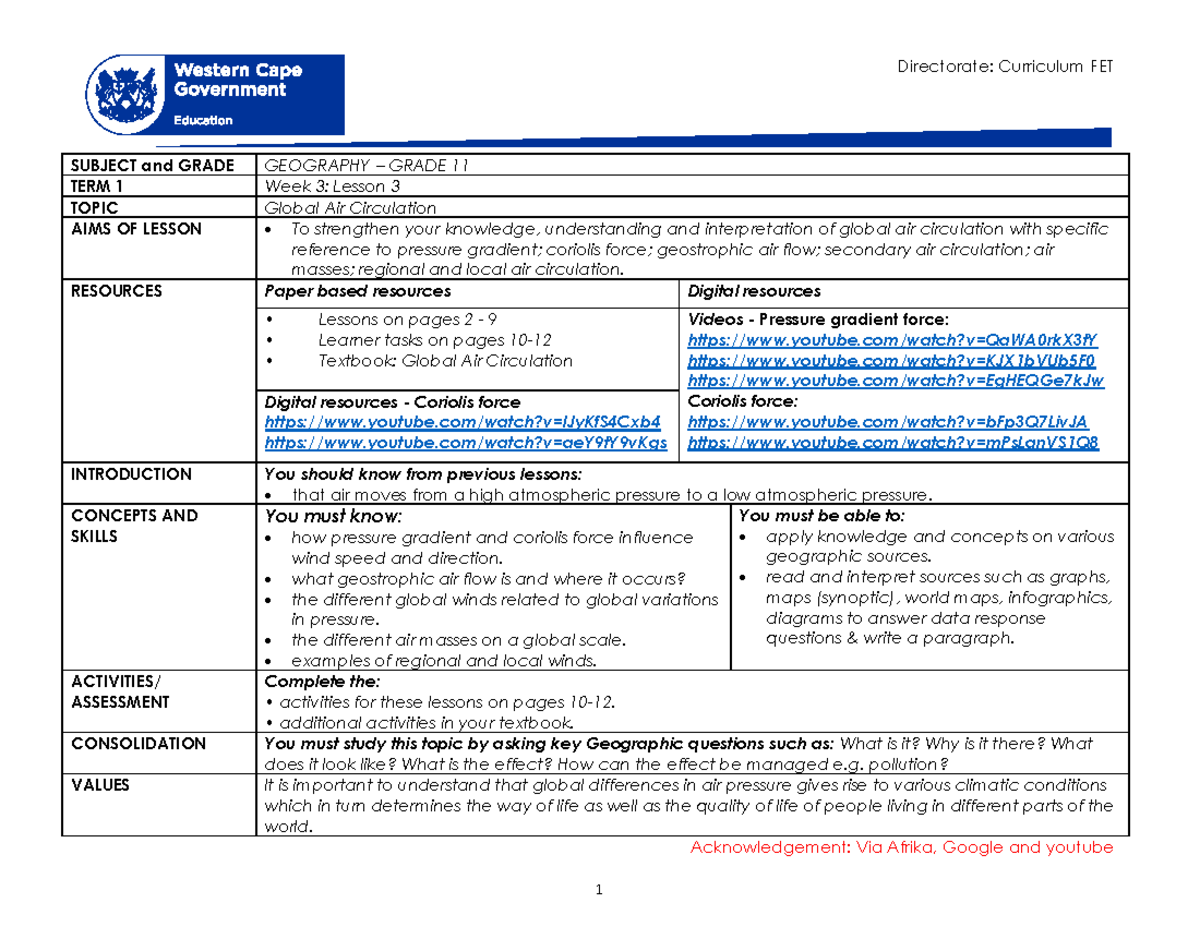 Geography Grade 11 Term 1 Week 3 Lesson: Global Air Circulation 240214 ...