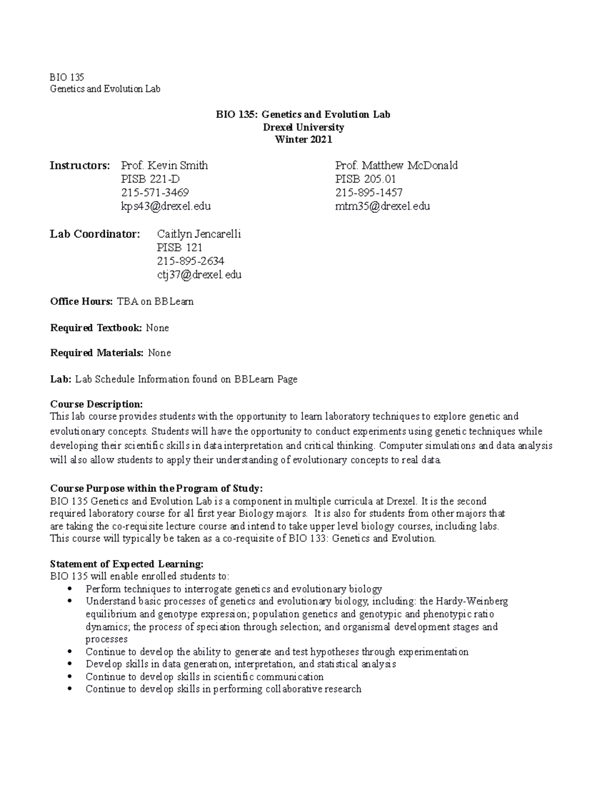 BIO 135 Genetics and Evolution Lab Syllabus - Winter 2021 - Studocu