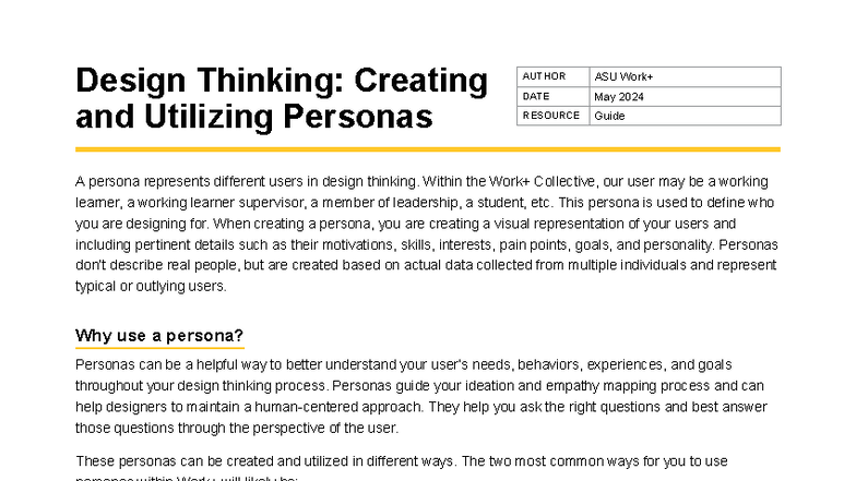 Design Thinking: Creating & Utilizing Personas (ASU Guide) - Studocu
