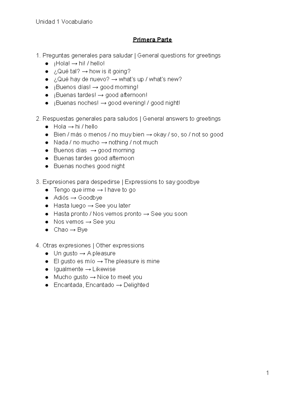 Unidad 1 Vocabulario: Saludos, Despedidas y Objetos Cotidianos - Unidad ...