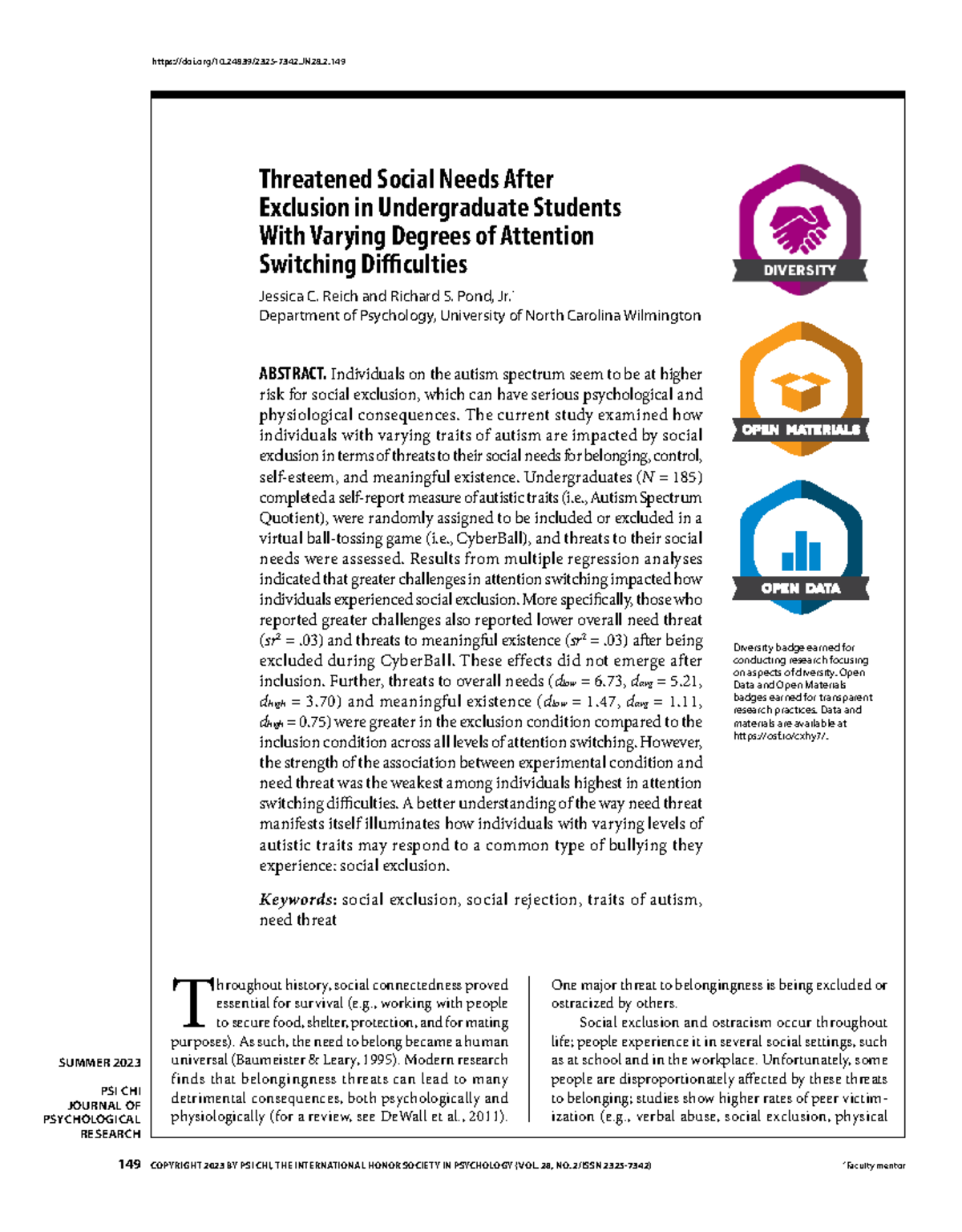 Autistic Traits and Social Exclusion: Need Threat Analysis (PSI CHI ...