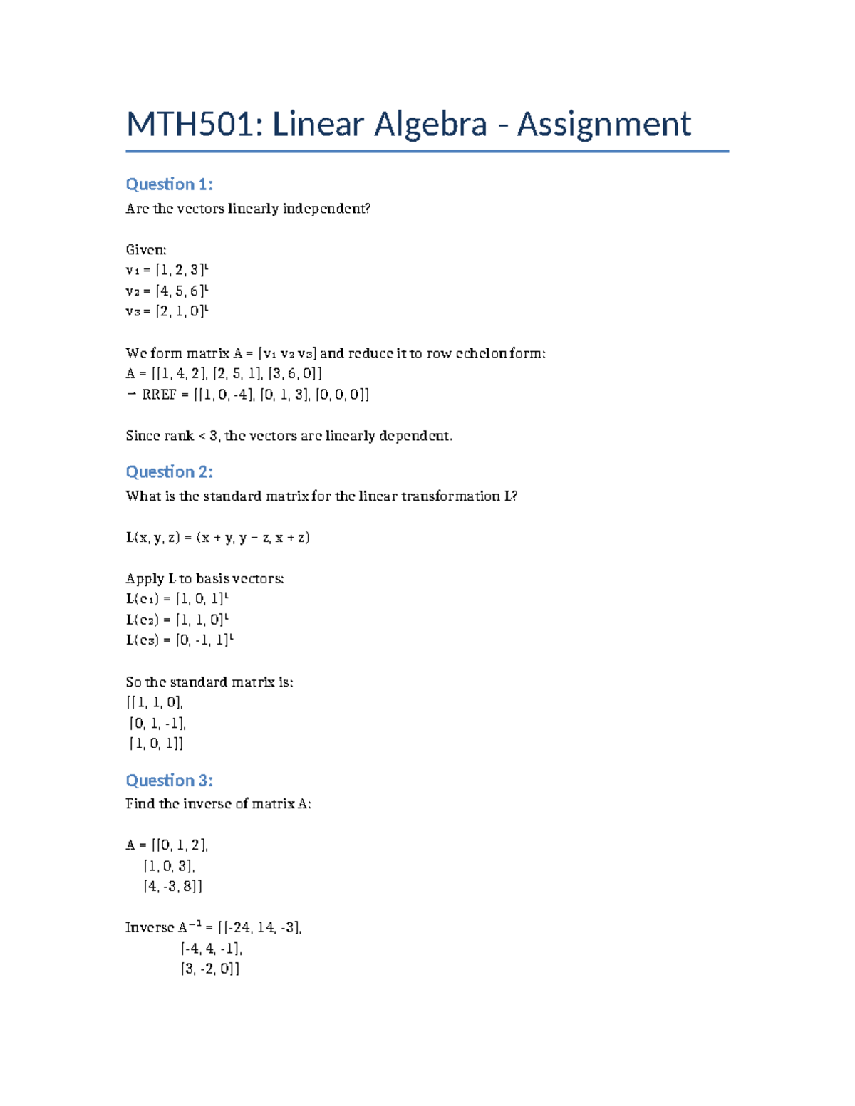 MTH501: Linear Algebra Assignment 1 - Vector Independence ...