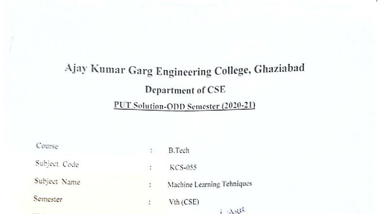 Machine Learning Techniques - KCS-055 PUT Sol ODD 20-21 - Studocu