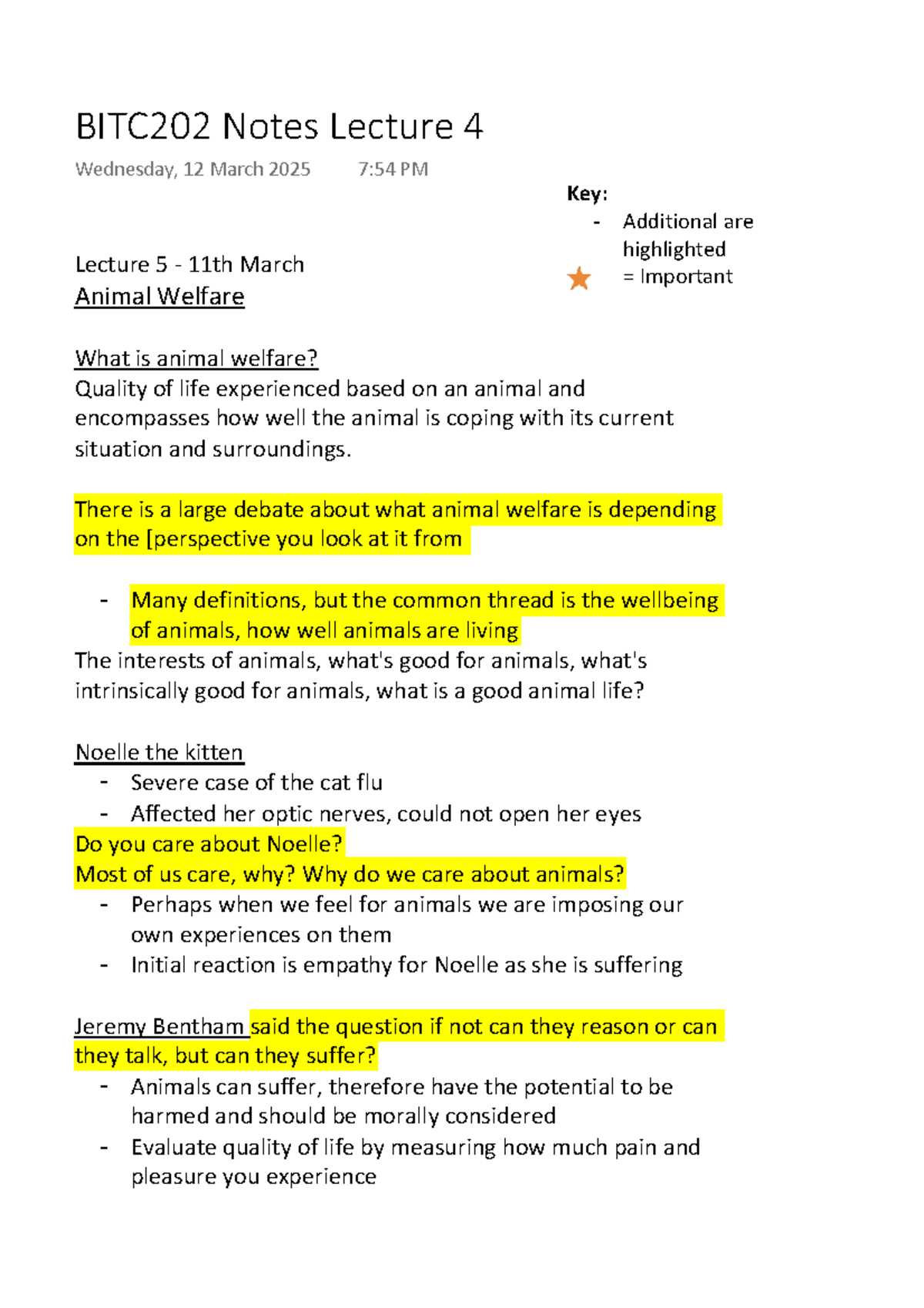 BITC202 Lecture Notes: Animal Welfare Insights - Lecture 4 - Studocu