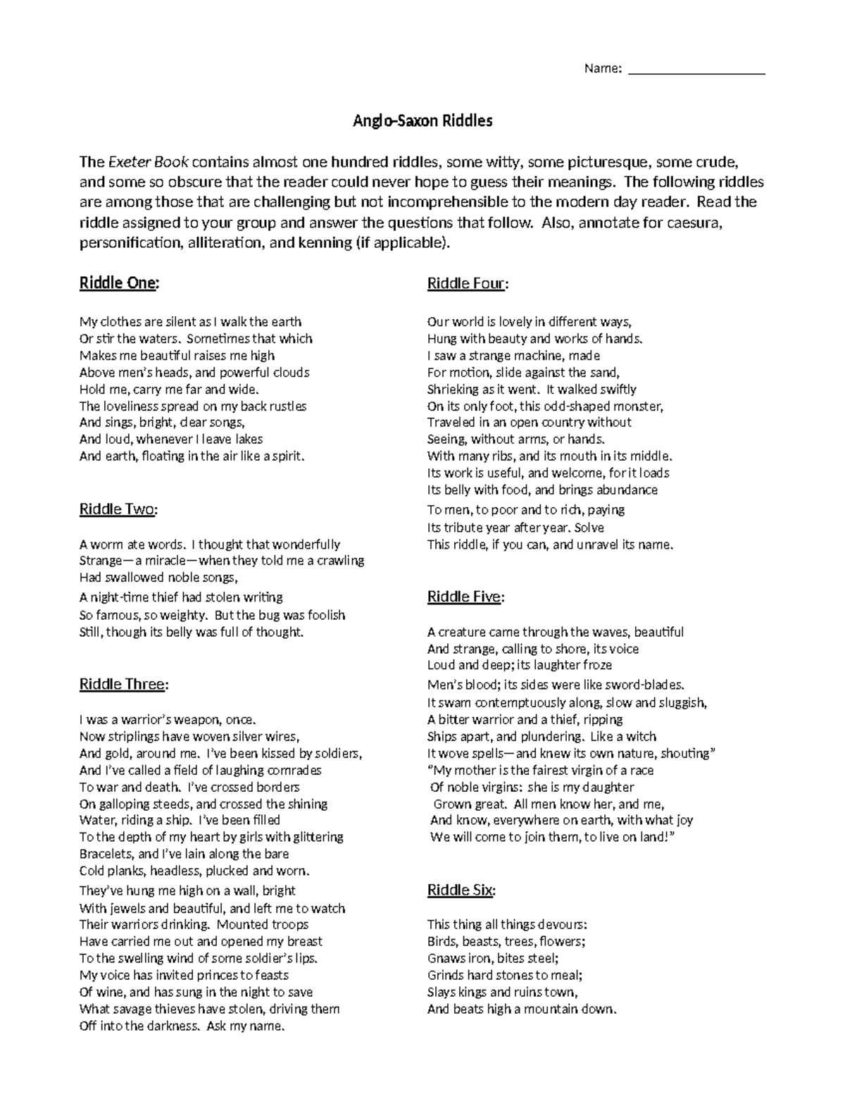 - anglo-saxon riddles group questions - Name ...