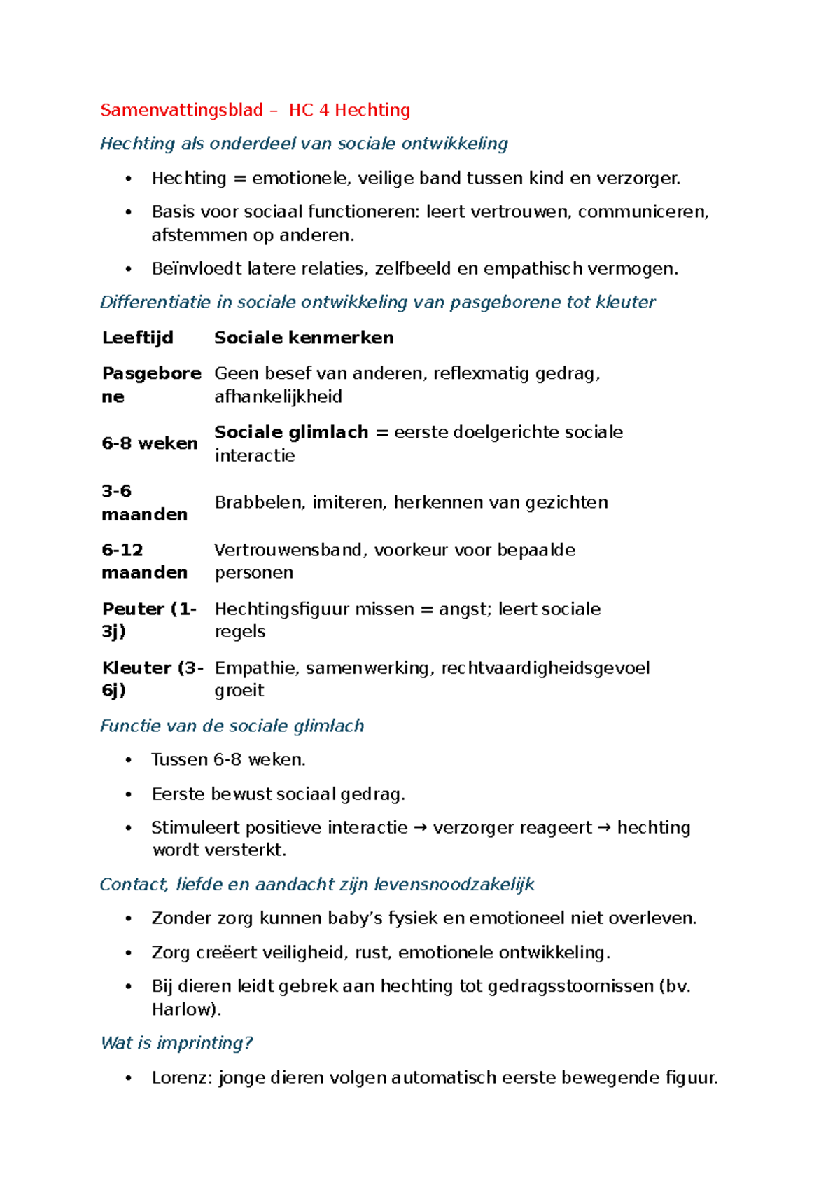 Samenvatting HC 4: Hechting en Sociale Ontwikkeling bij Kinderen - Studocu