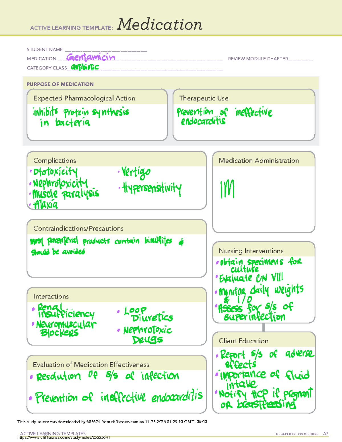 ACTIVE LEARNING TEMPLATE: Gentamicin Medication Review for Nursing ...