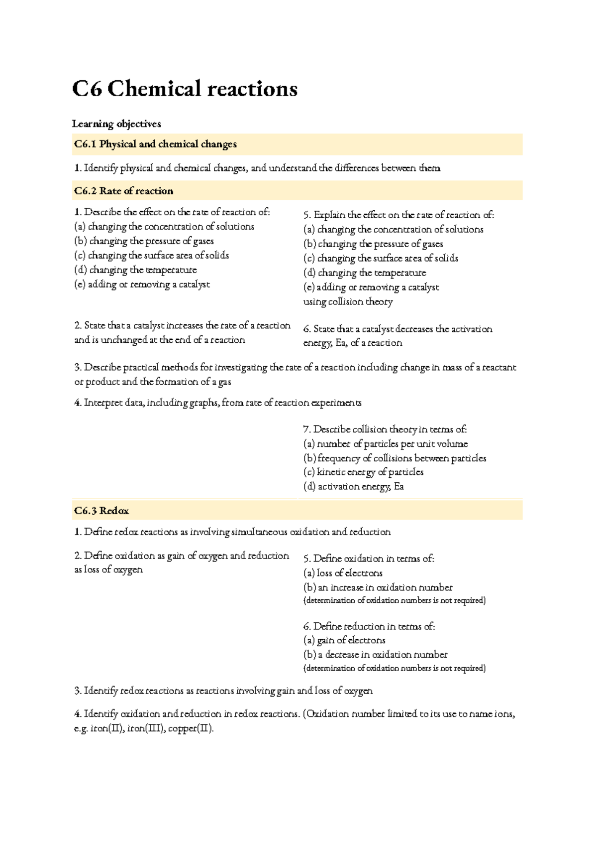 C6 Chemical Reactions: Learning Objectives and Key Concepts - Studocu
