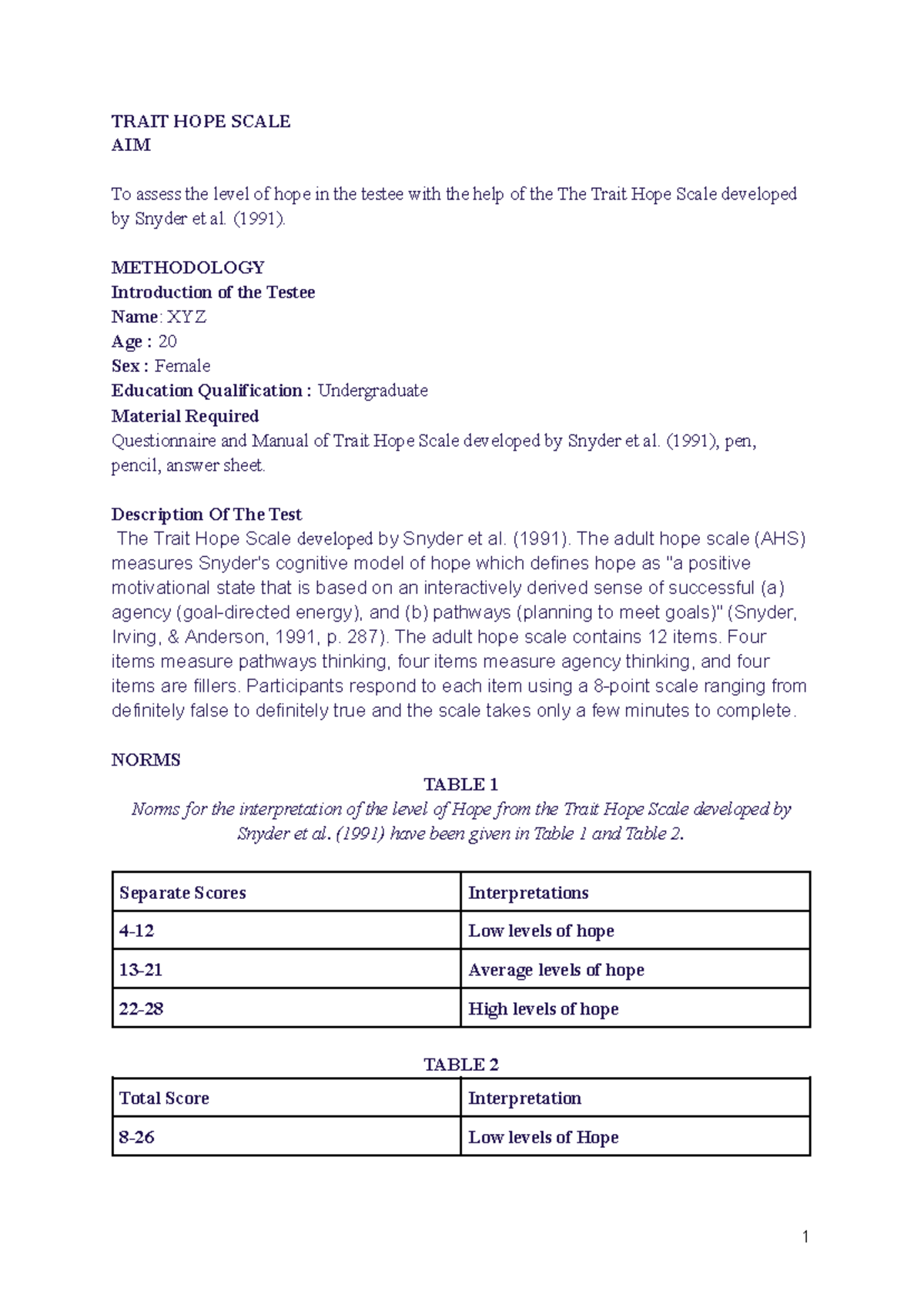 Trait Hope Scale Assessment: Methodology and Results (Psych 101) - Studocu