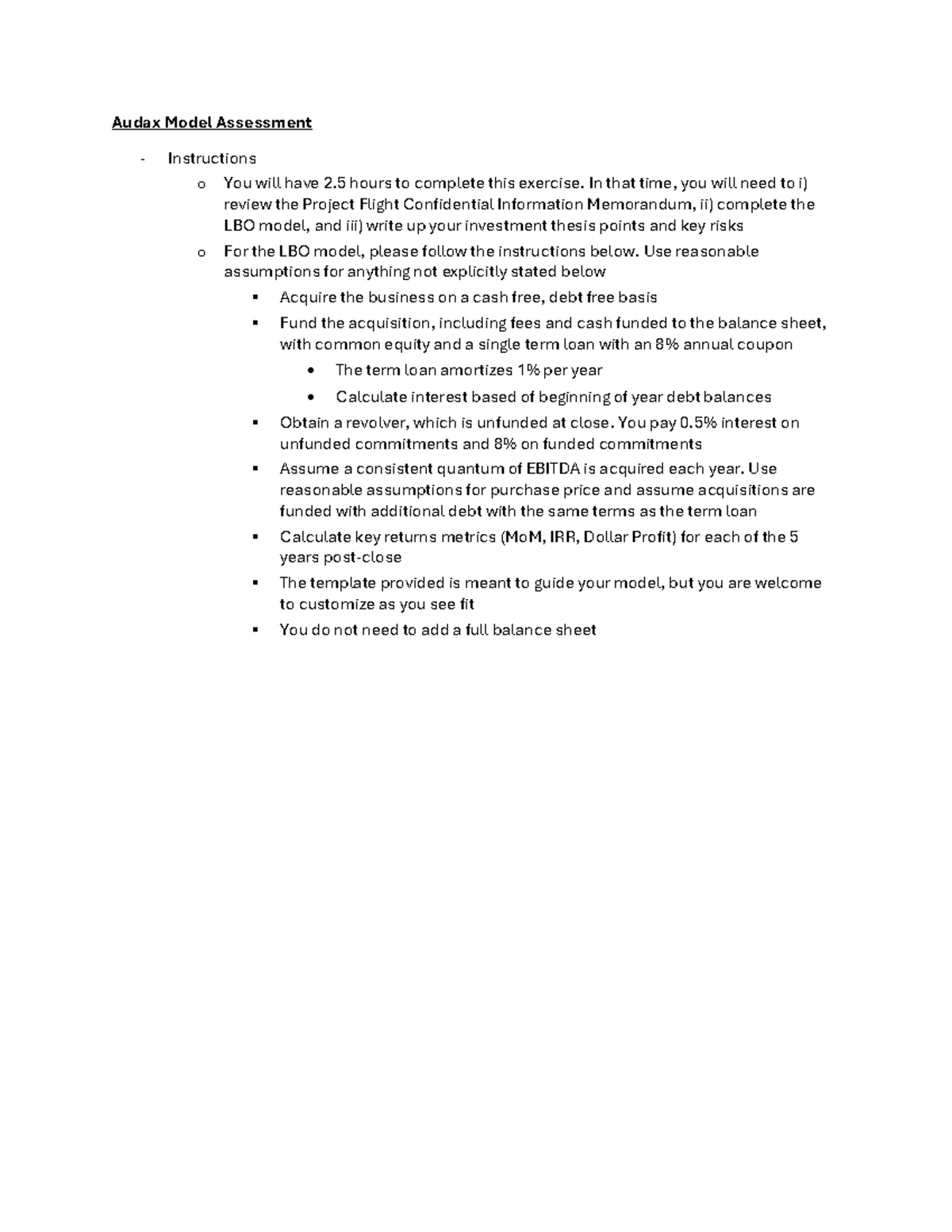 Audax PE Model Assessment Instructions for LBO Exercise - Studocu