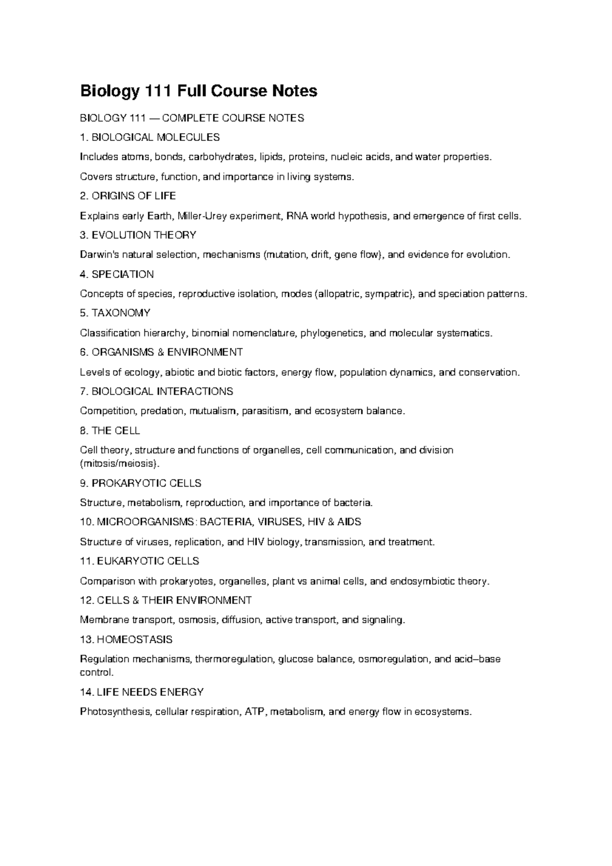 Biology 1112 Complete Course Notes: Key Concepts and Topics - Studocu