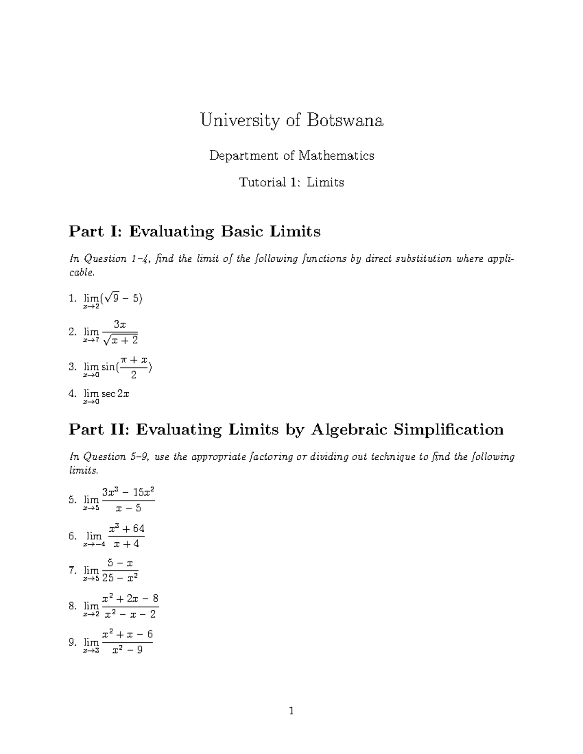 MAT122: Tutorial 1 - Evaluating Basic and Special Limits - Studocu