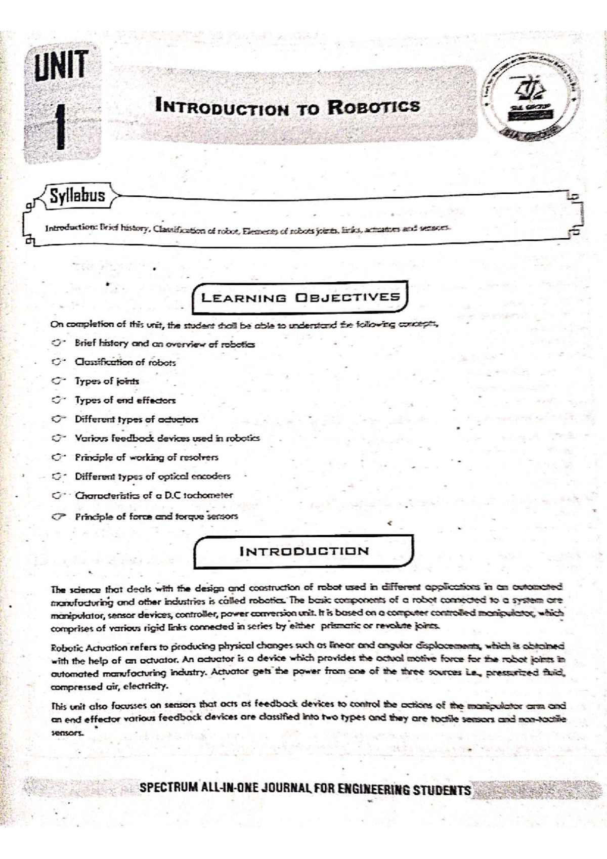 U1 Spectrum - Fundamentals of Robotics: Introduction to Robotics and Key - Studocu