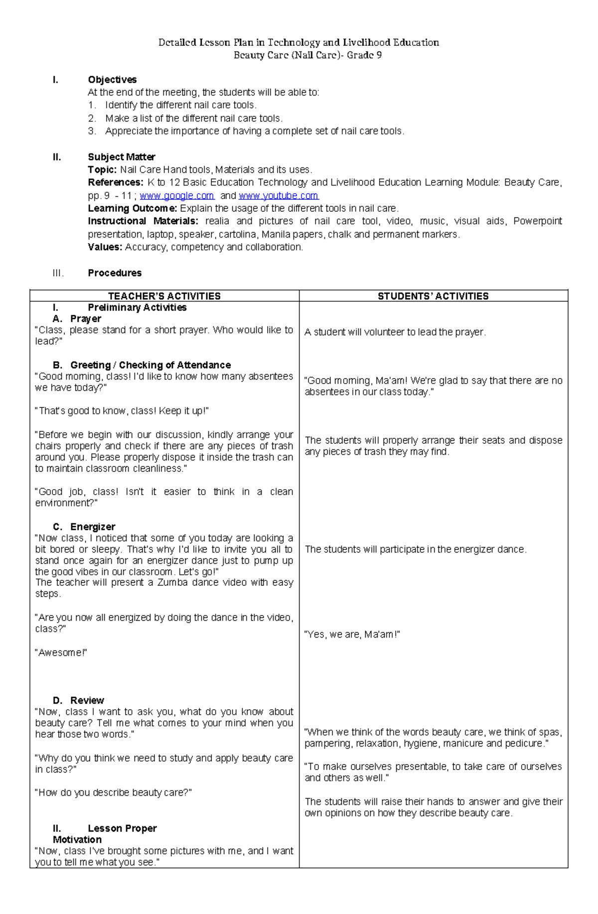 Detailed Lesson Plan TLE 9: Nail Care Hand Tools & Materials - Studocu