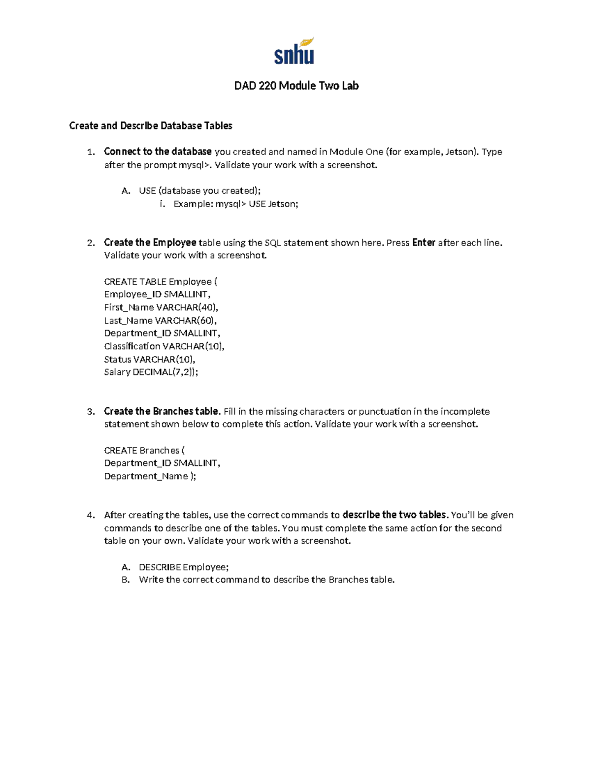 DAD 220 Module Two Lab: Creating and Describing Database Tables - Studocu