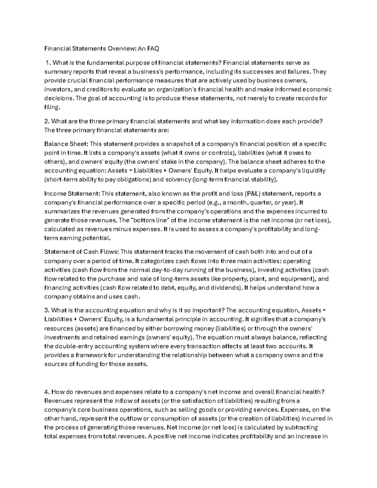 FIN 101: Financial Statements Overview - Key Concepts & FAQs - Studocu
