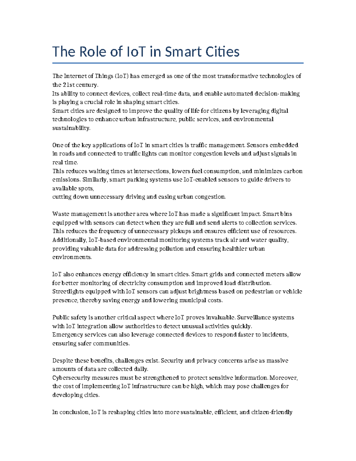 Essay 1: The Impact of IoT on Smart Cities - Studocu