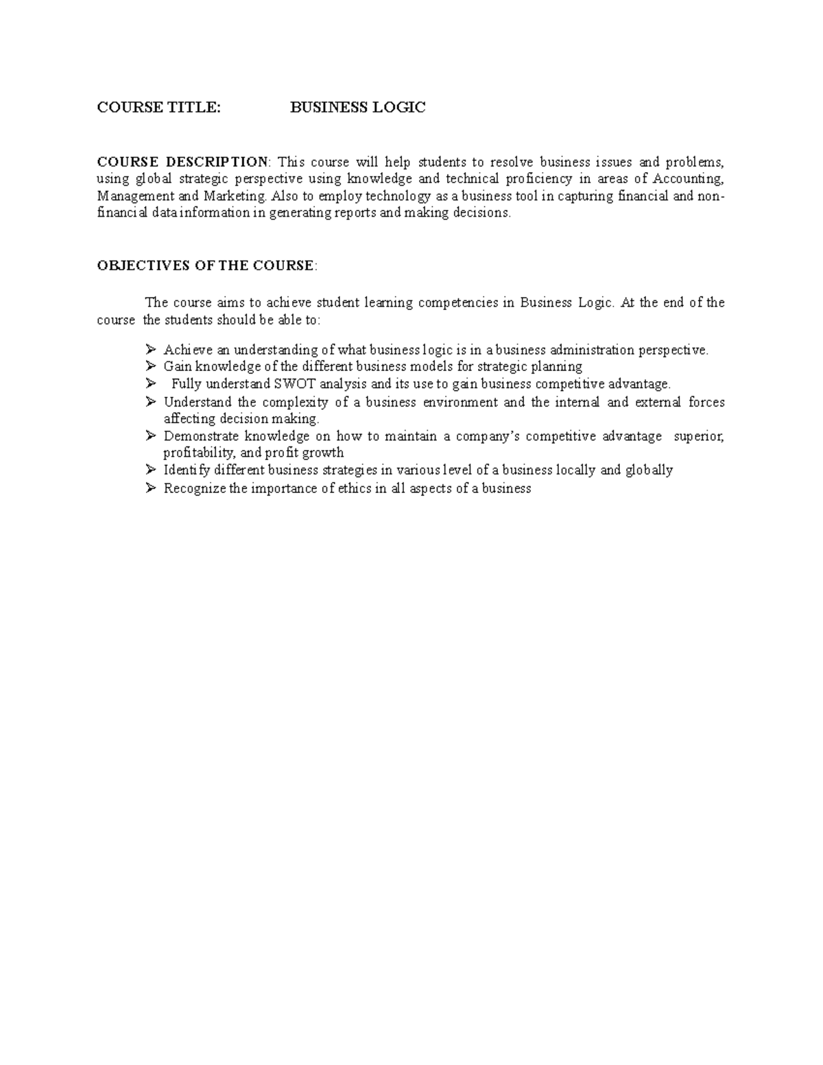 Module 1 Introduction to Business Logic and its applications. - COURSE ...