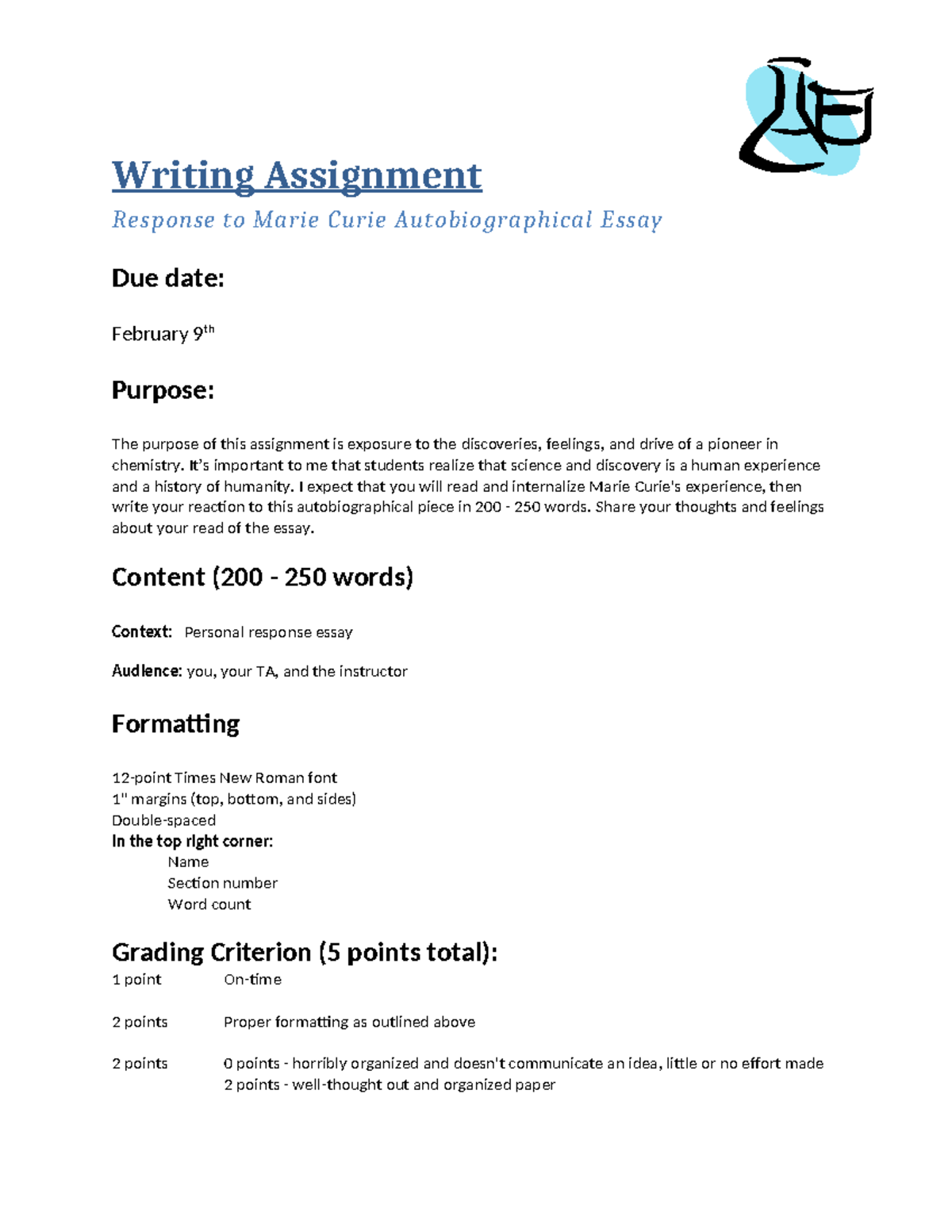 Writing Assignment: Response to Marie Curie Autobiography - Studocu