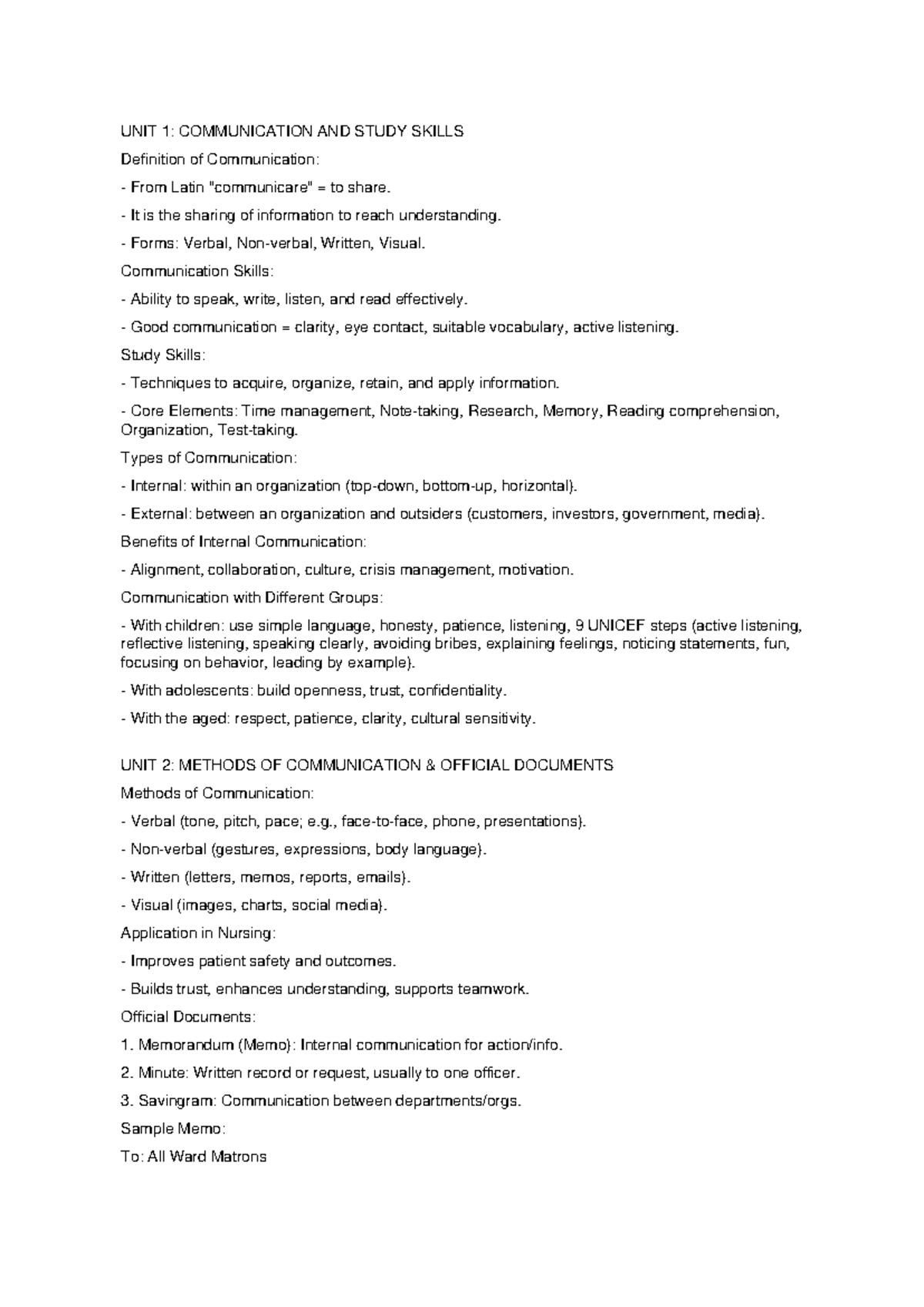 UNIT 1 & 2: COMMUNICATION AND STUDY SKILLS NOTES - Studocu