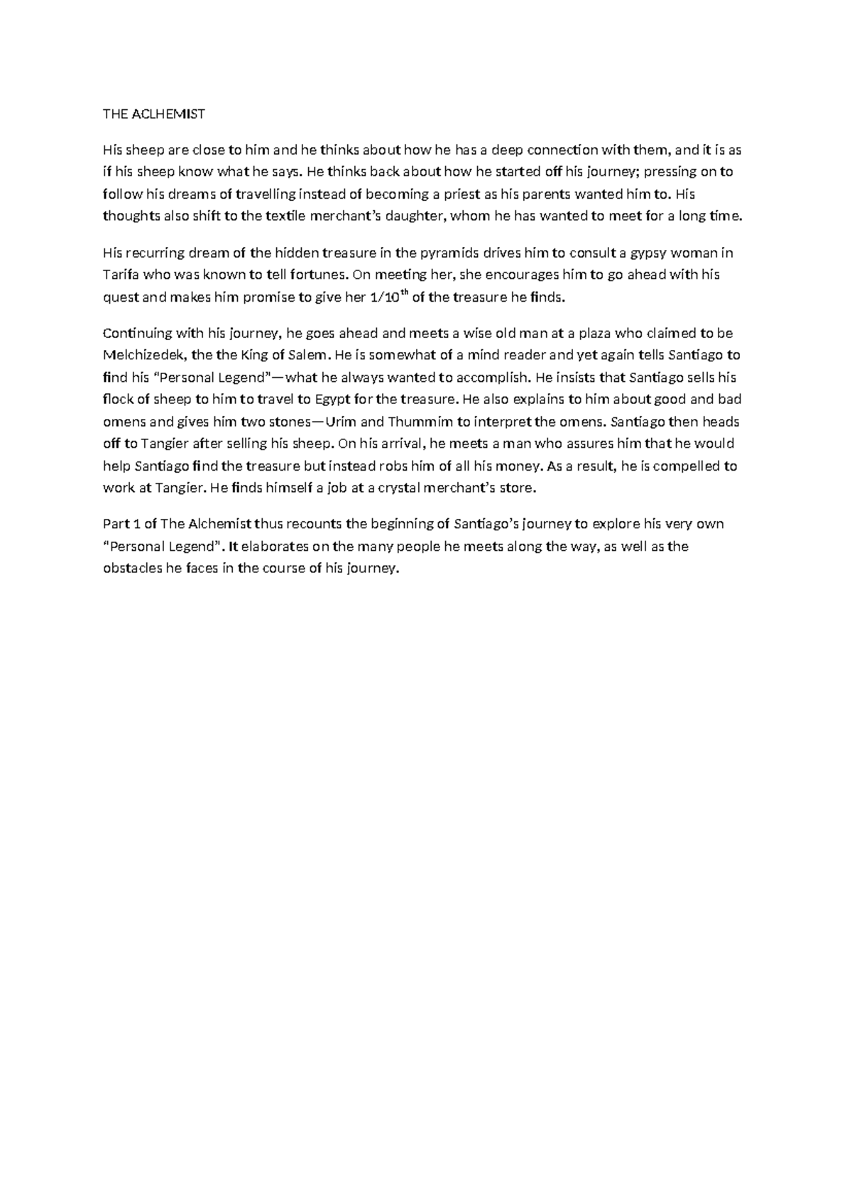 The Alchemist (Summary) - Exploring Santiago's Journey to Destiny - Studocu