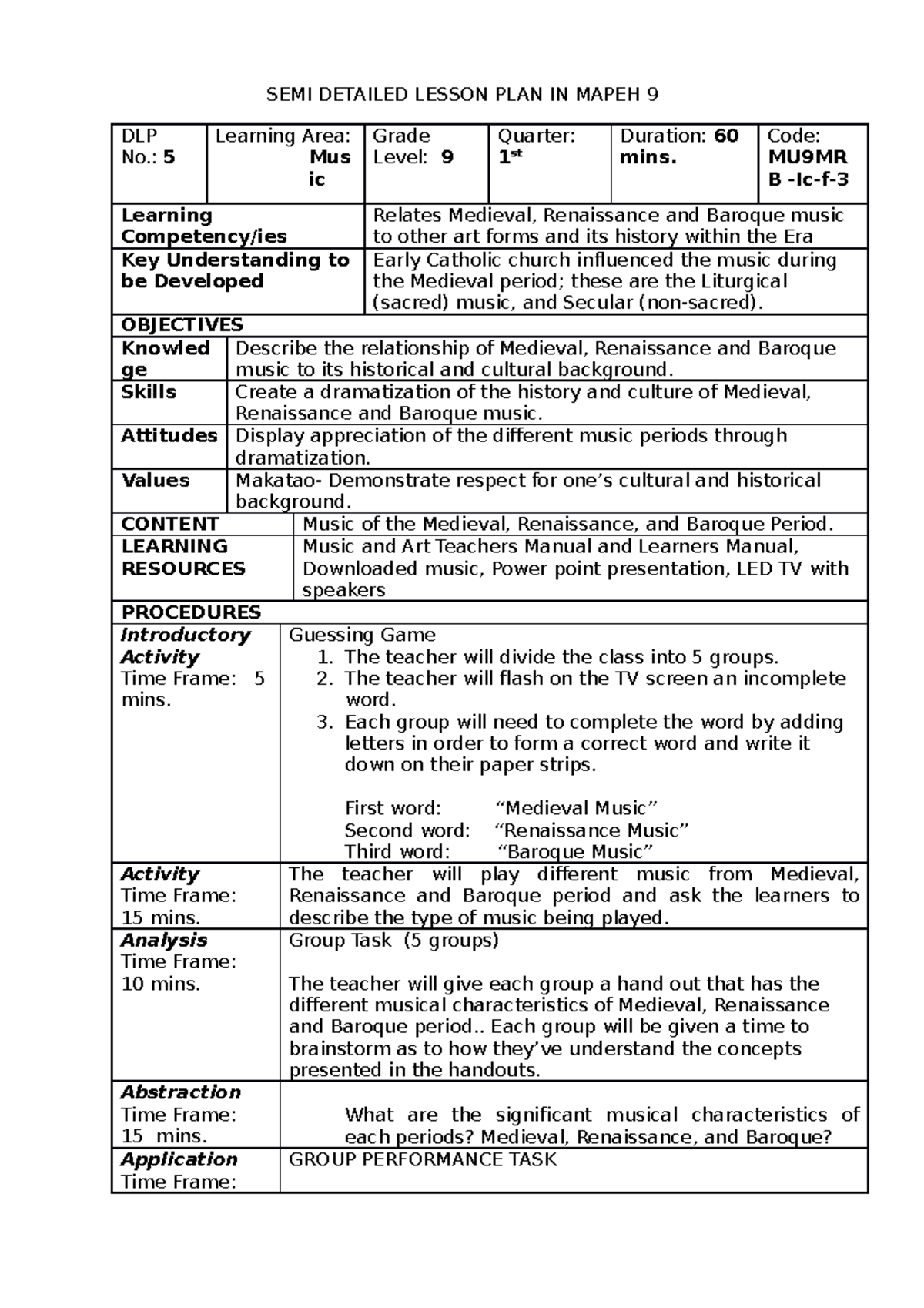 Music-9 Q1 L5 MELCs - Lesson Plan on Medieval, Renaissance, & Baroque ...