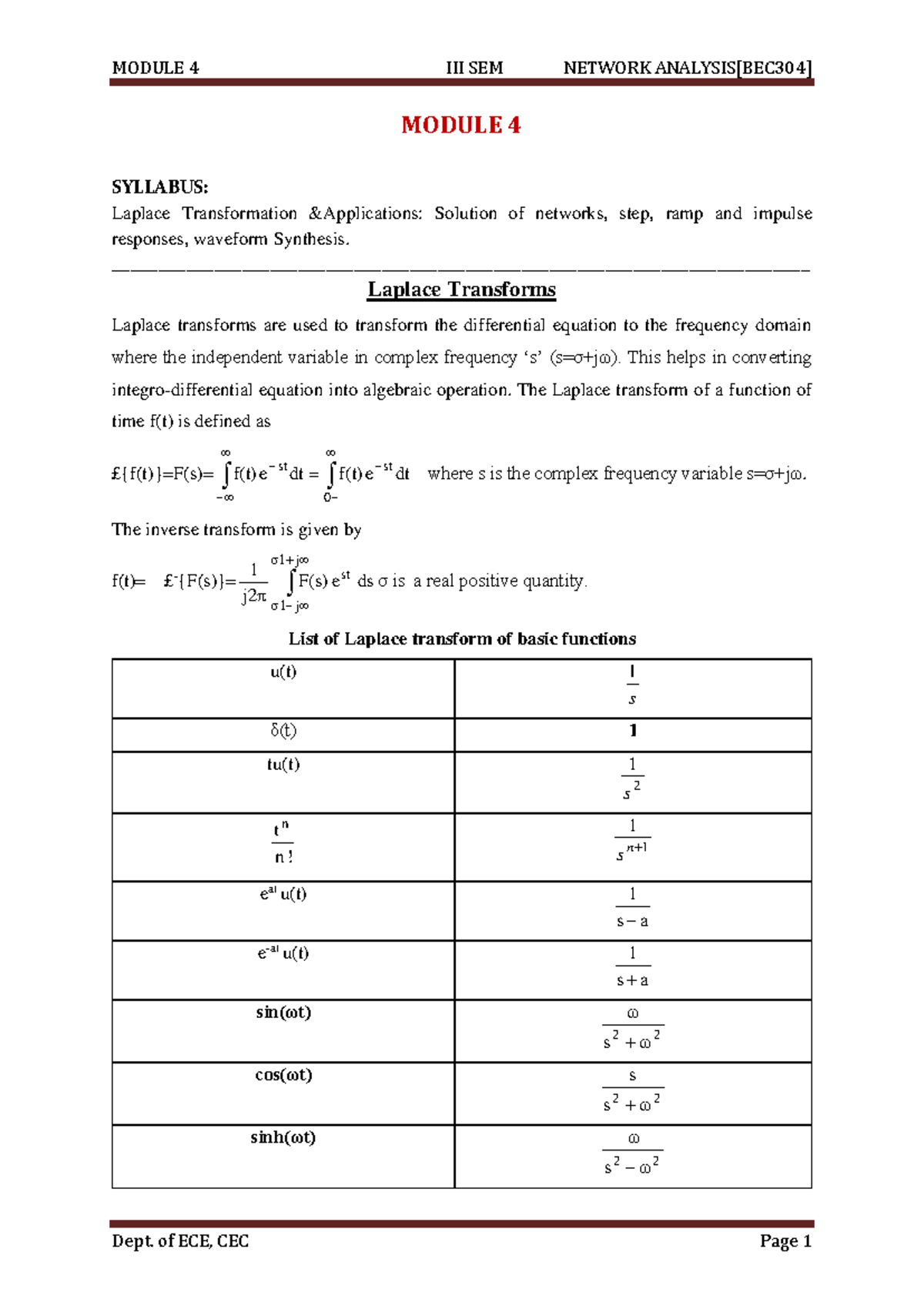 Laplace Transformation & Applications - NA Module 4 Notes - Studocu