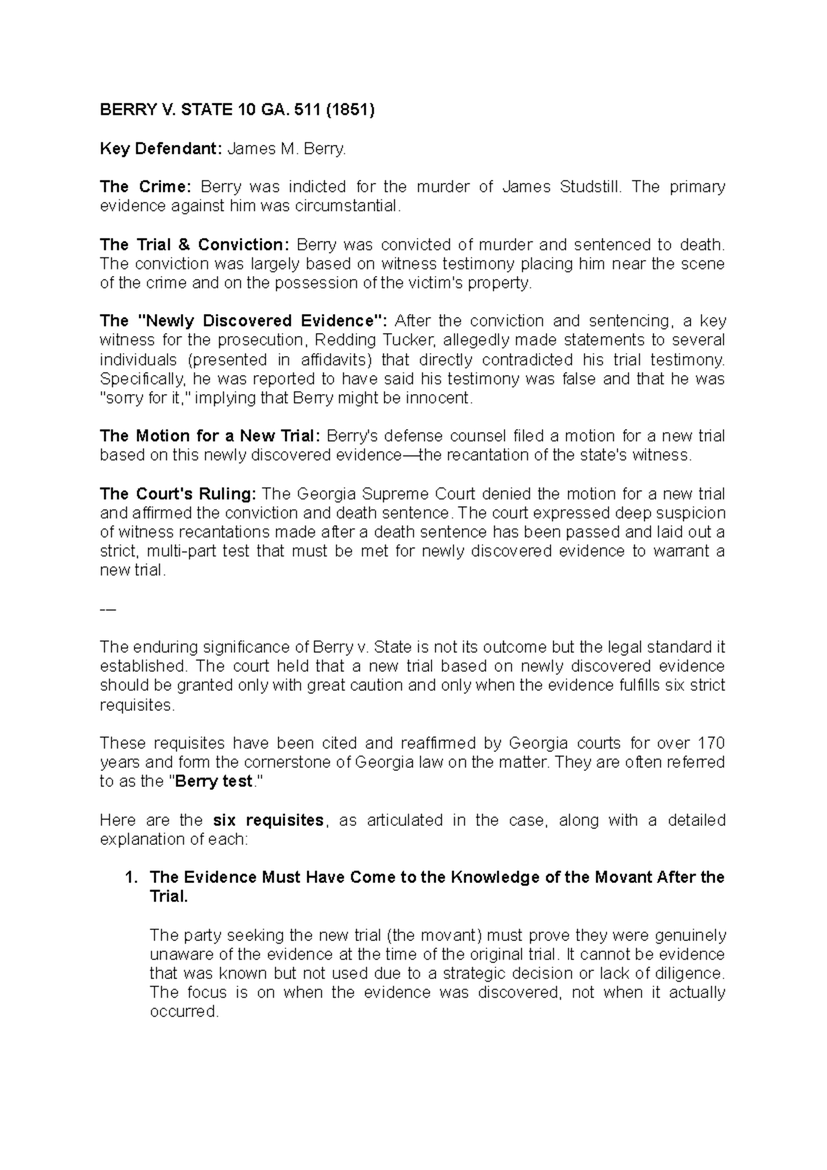 Berry v. State 10 GA. 511 (1851): Legal Standards for New Trials - Studocu