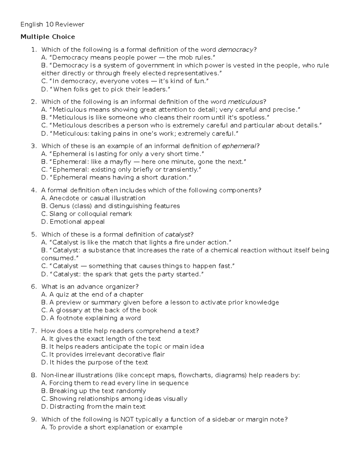 English 10 Final Exam Reviewer: Multiple Choice Questions - Studocu