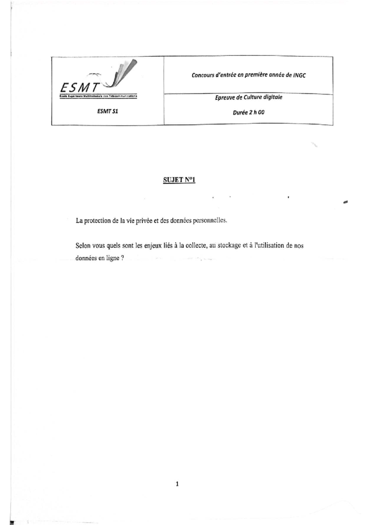 Concours INGC ESMT S1: Protection de la Vie Privée en Digital - Studocu