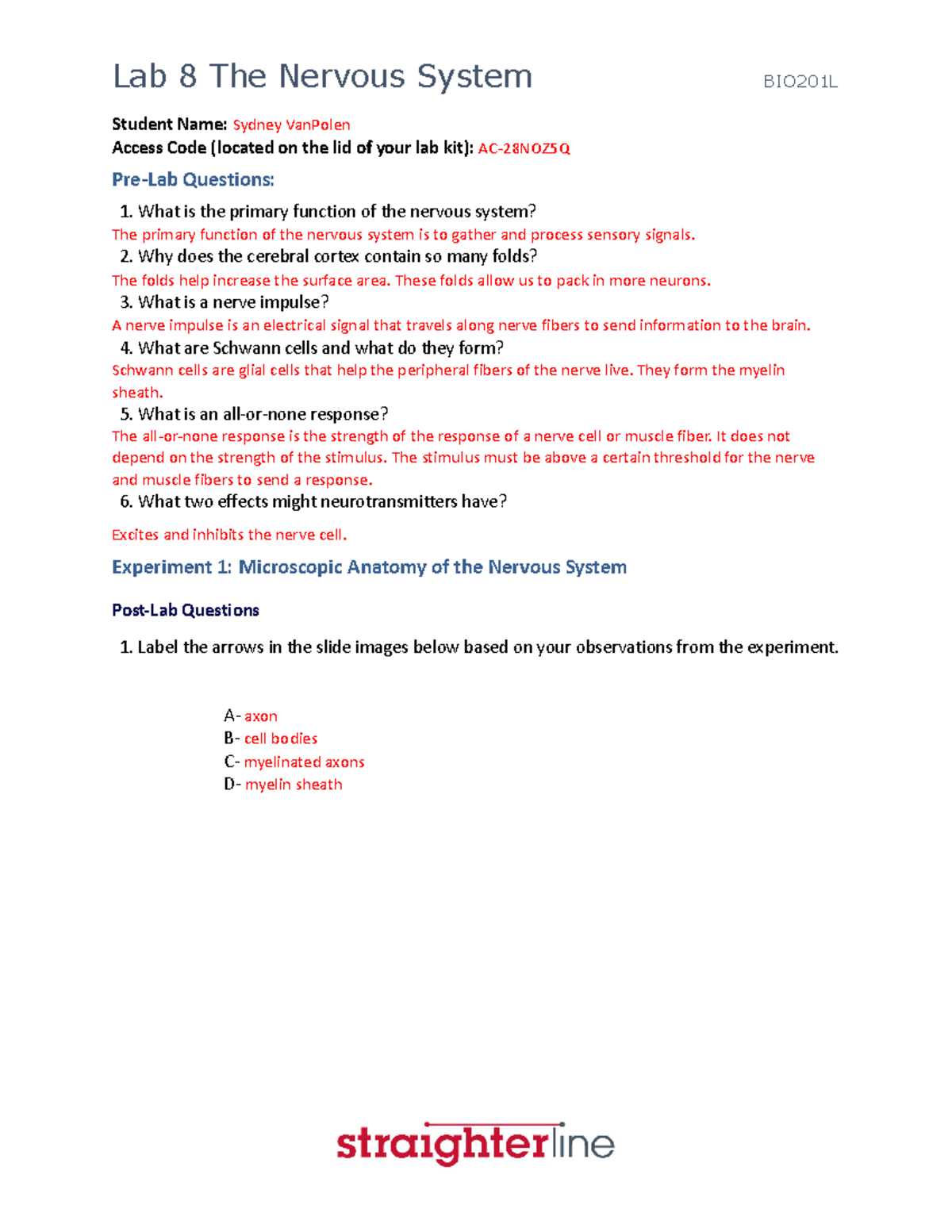BIO201L Lab 8: Nervous System Anatomy and Physiology Insights - Studocu