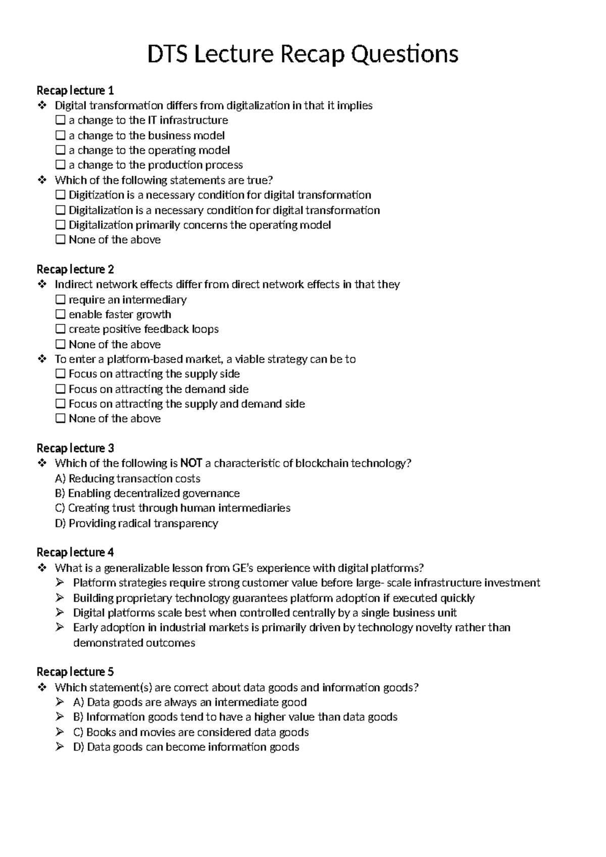 DTS Lecture Recap Questions: Digital Transformation Insights - Studeersnel