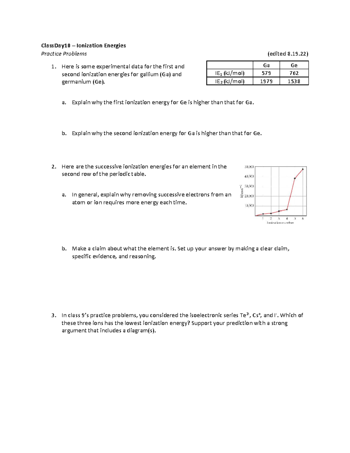 Class Day 10 Practice Problems: Ionization Energies Analysis - Studocu