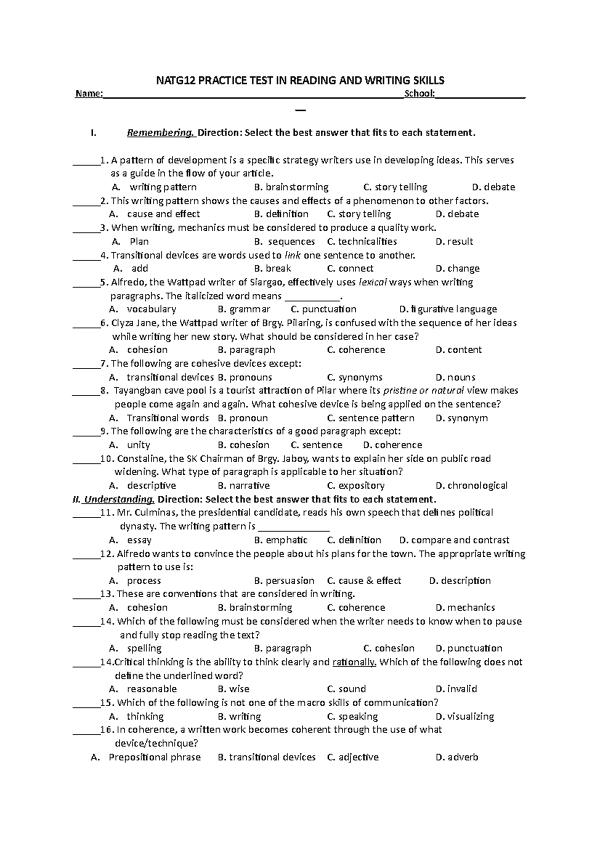 NAT REVIEWER | 2022-2023 - NATG12 PRACTICE TEST IN READING AND WRITING ...