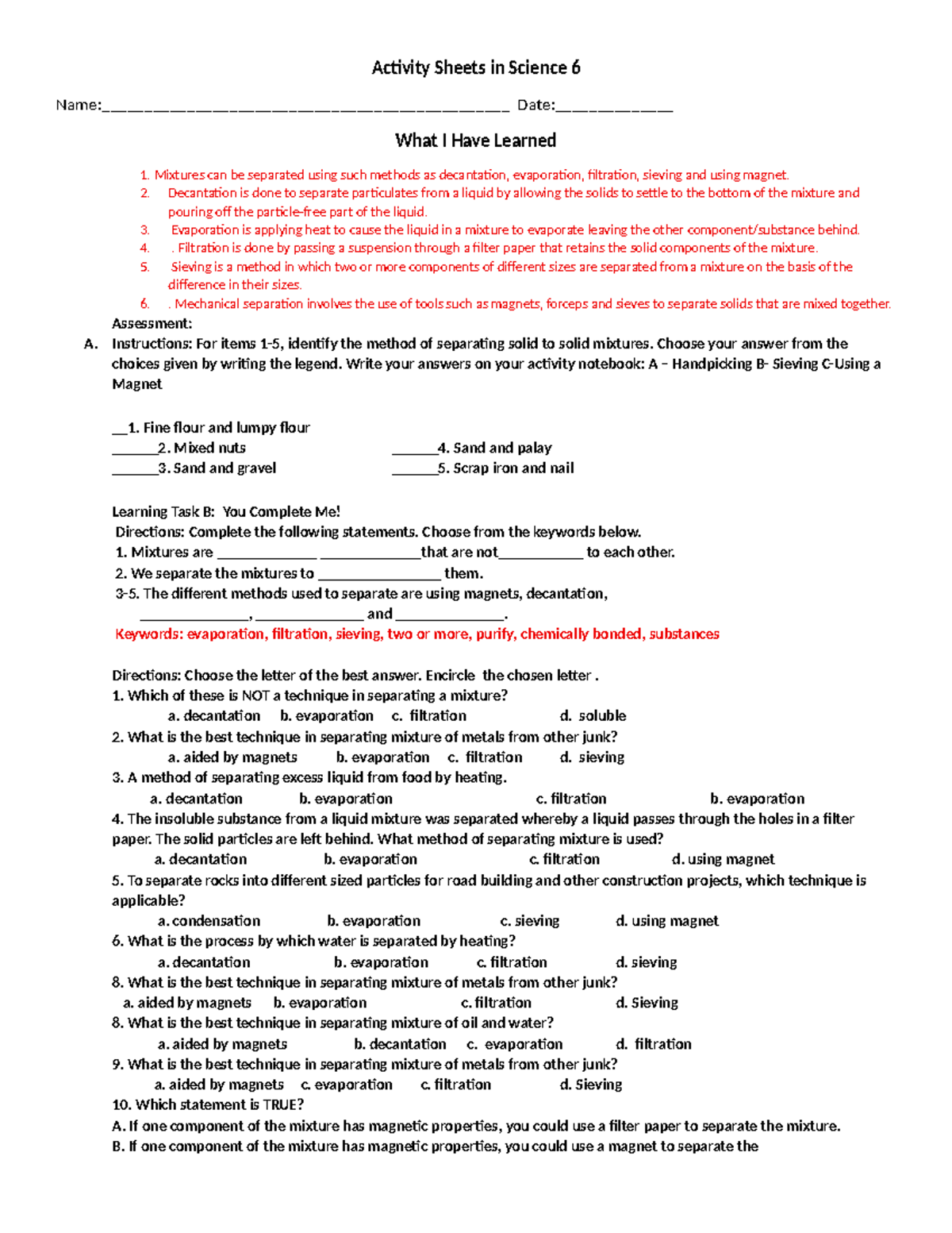 Activity Sheets for Science 6: Separation Methods & Social Media ...