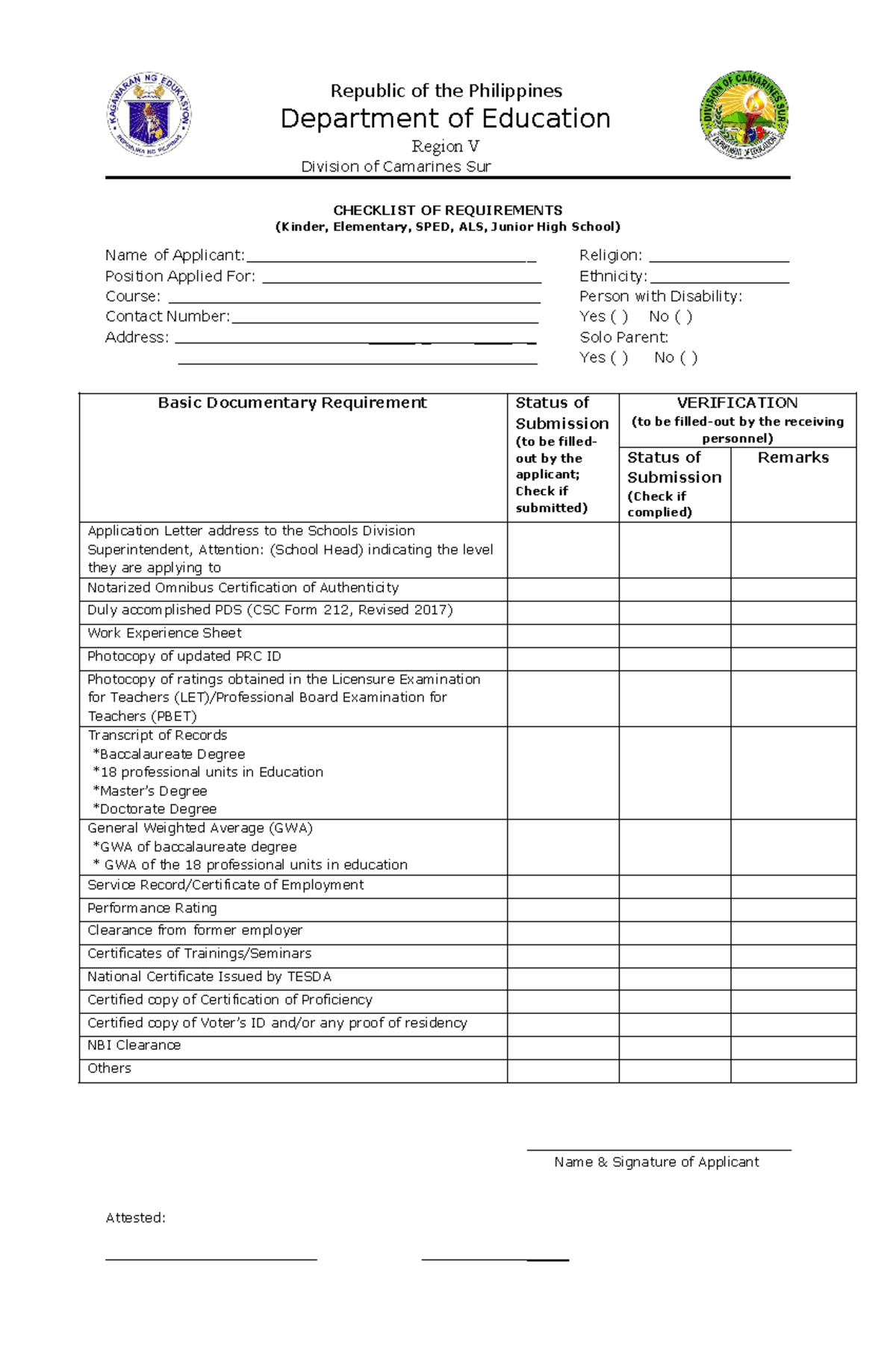JHS Application Requirements Checklist - Philippines DepEd - Studocu