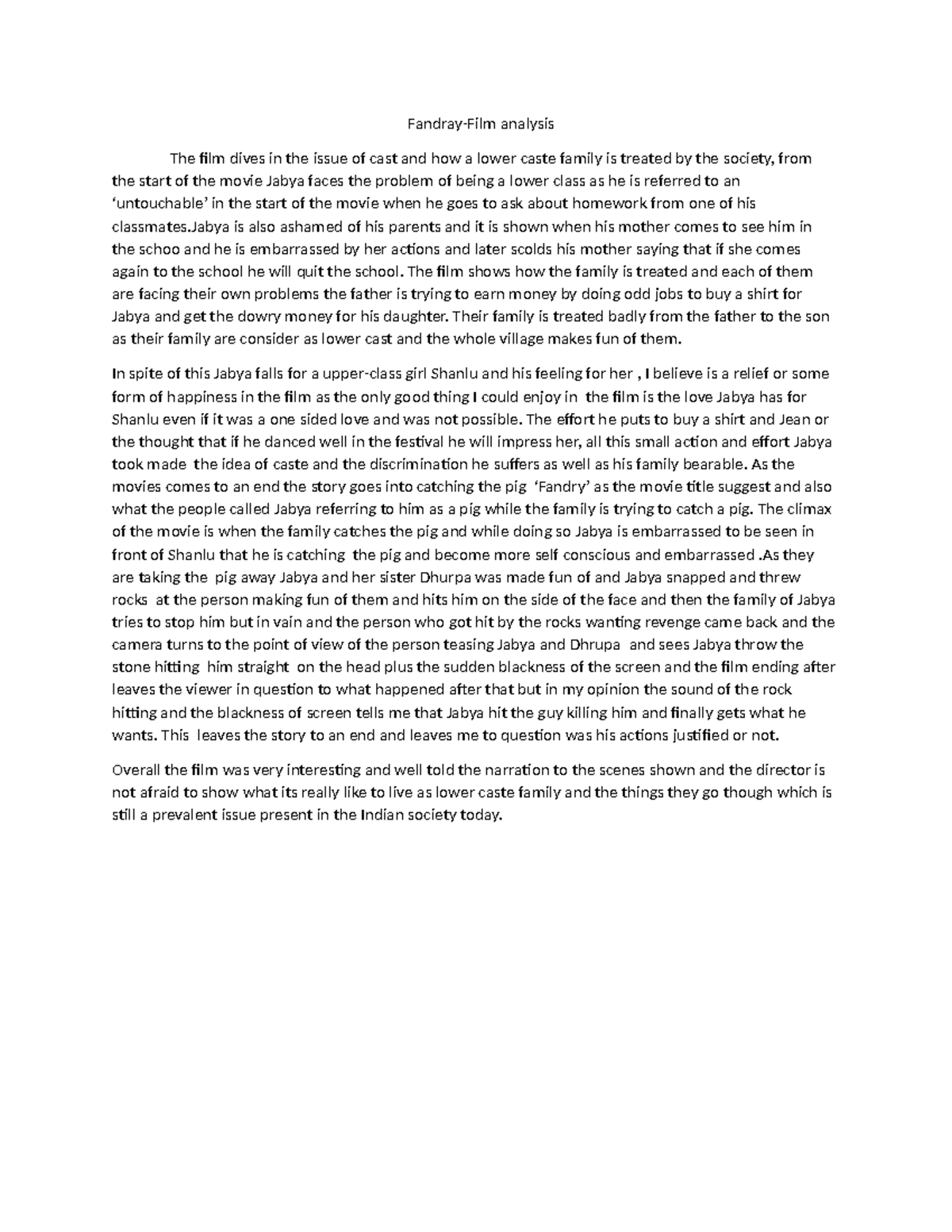 Fandray: Film Review on Caste Issues in Society - Studocu