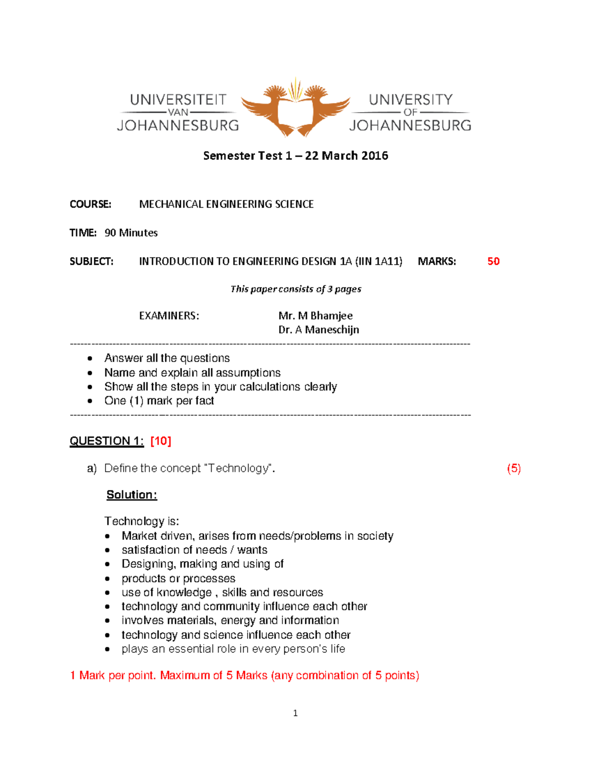 Exam 13 June 2016, questions - Semester Test 1 22 March 2016 COURSE ...