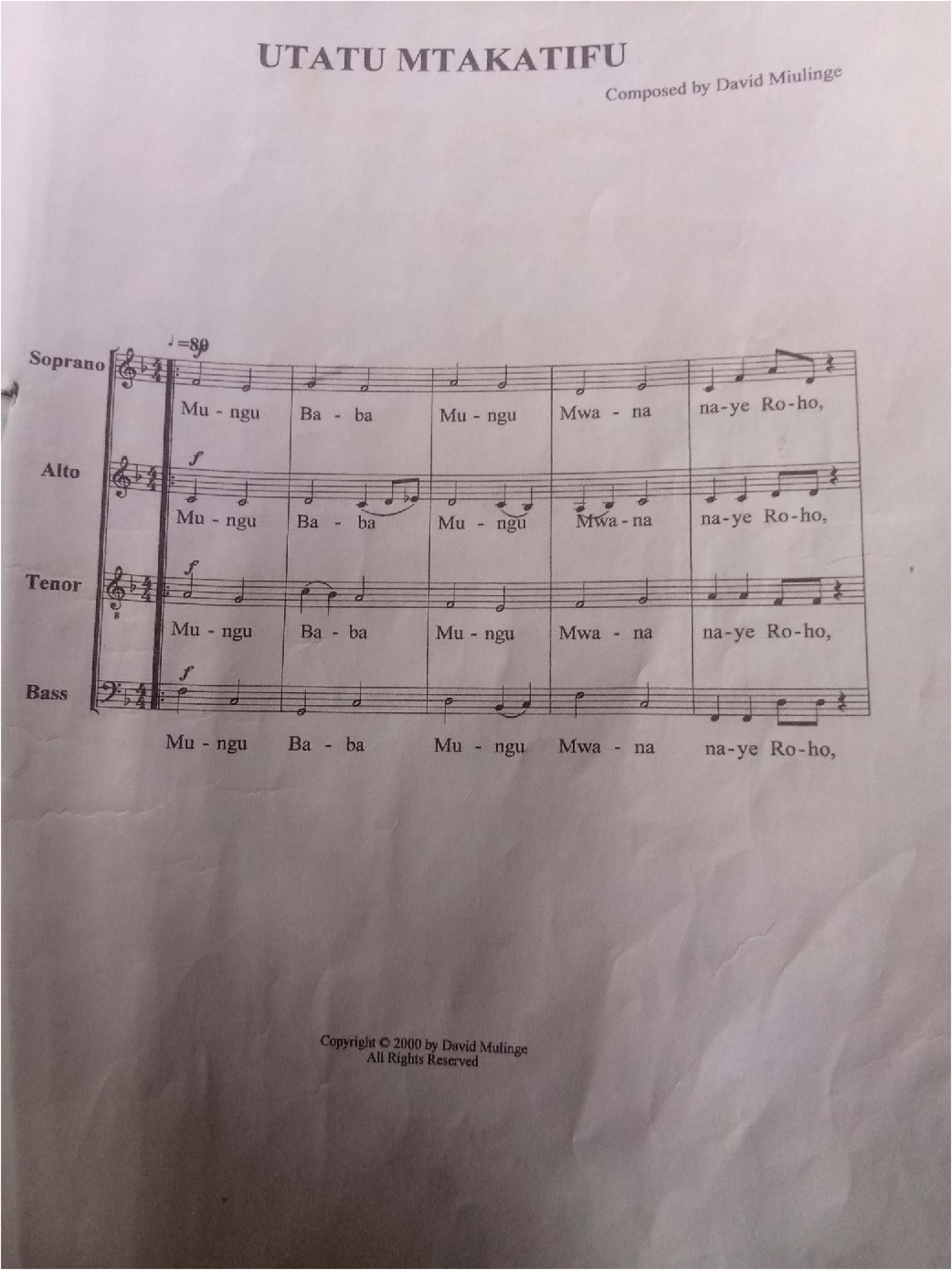 UTATU MTAKATIFU: Choral Composition by David Miulinge J - Studocu