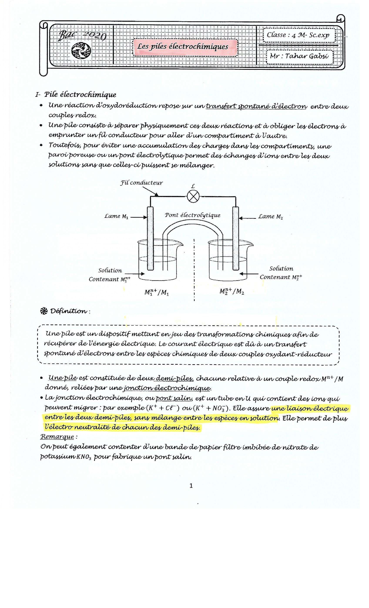Bac 2020 - Classe 4 Sc.exp : Les Piles Électrochimiques - Studocu