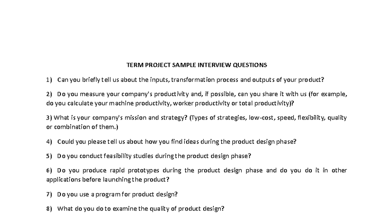 TERM PROJECT: Sample Interview Questions for Product Design Analysis ...