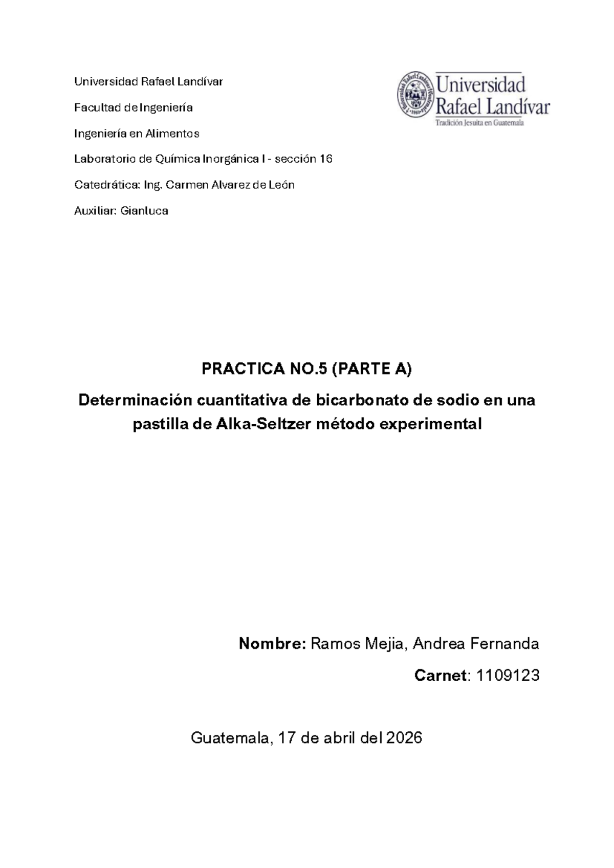Práctica No. 5: Determinación Cuantitativa de NaHCO₃ en Alka-Seltzer ...